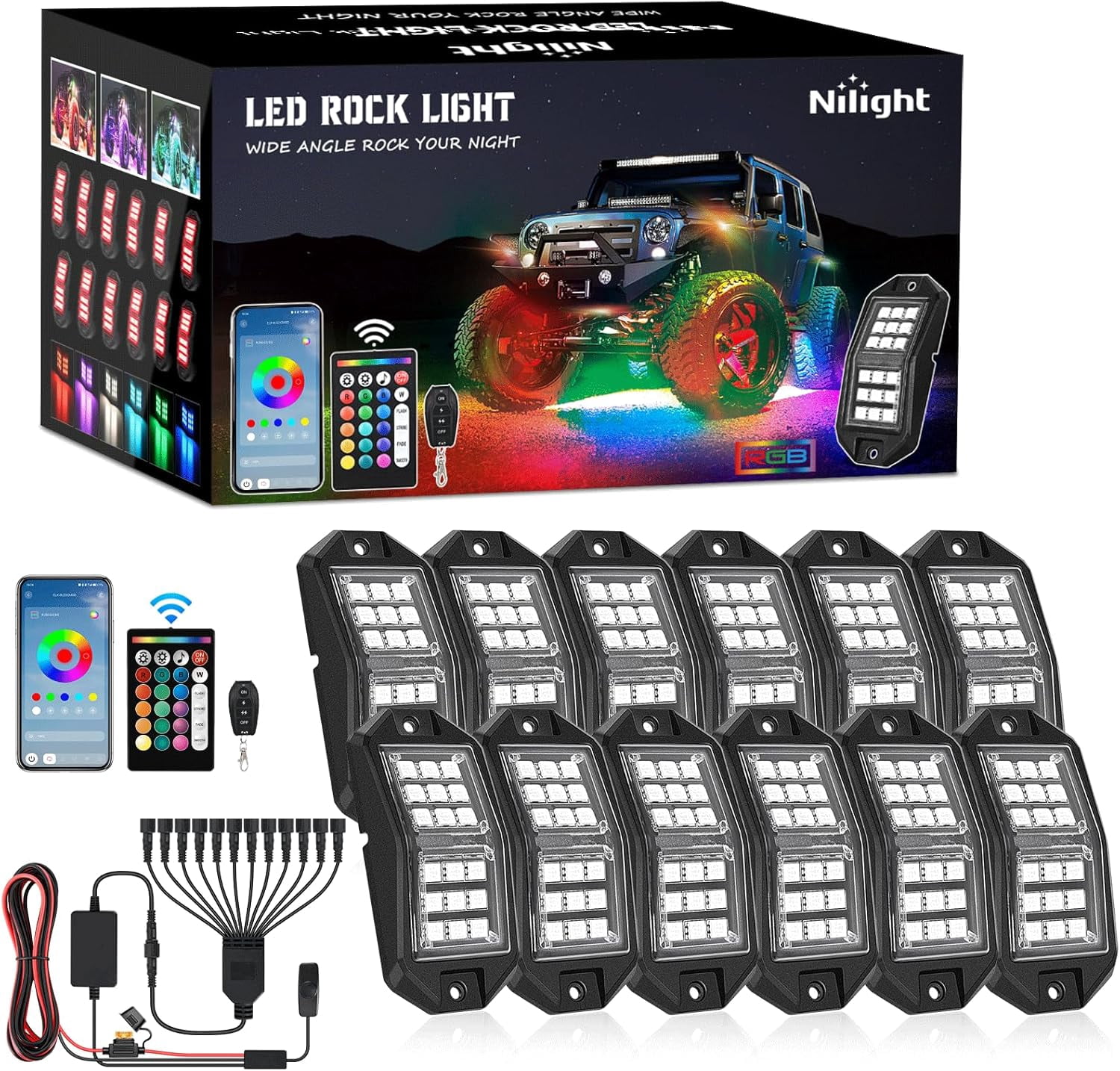 Nilight RGB LED Rock Lights Kit 12 PCS 18LED Wide Angle Wheel Well ...