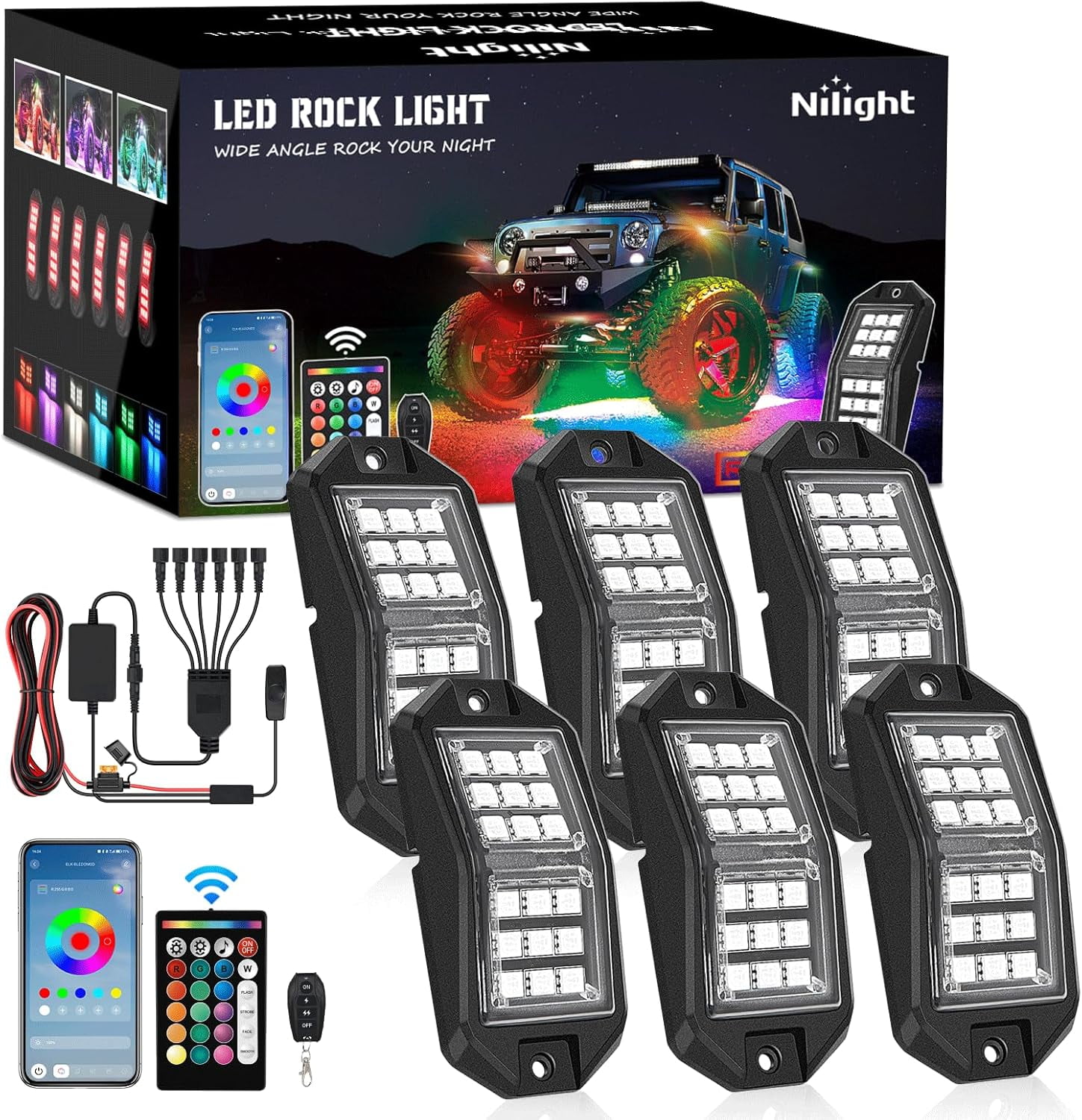 Nilight RGB LED Rock Lights Kit 6 PCS 18LED Wide Angle Wheel Well Light ...