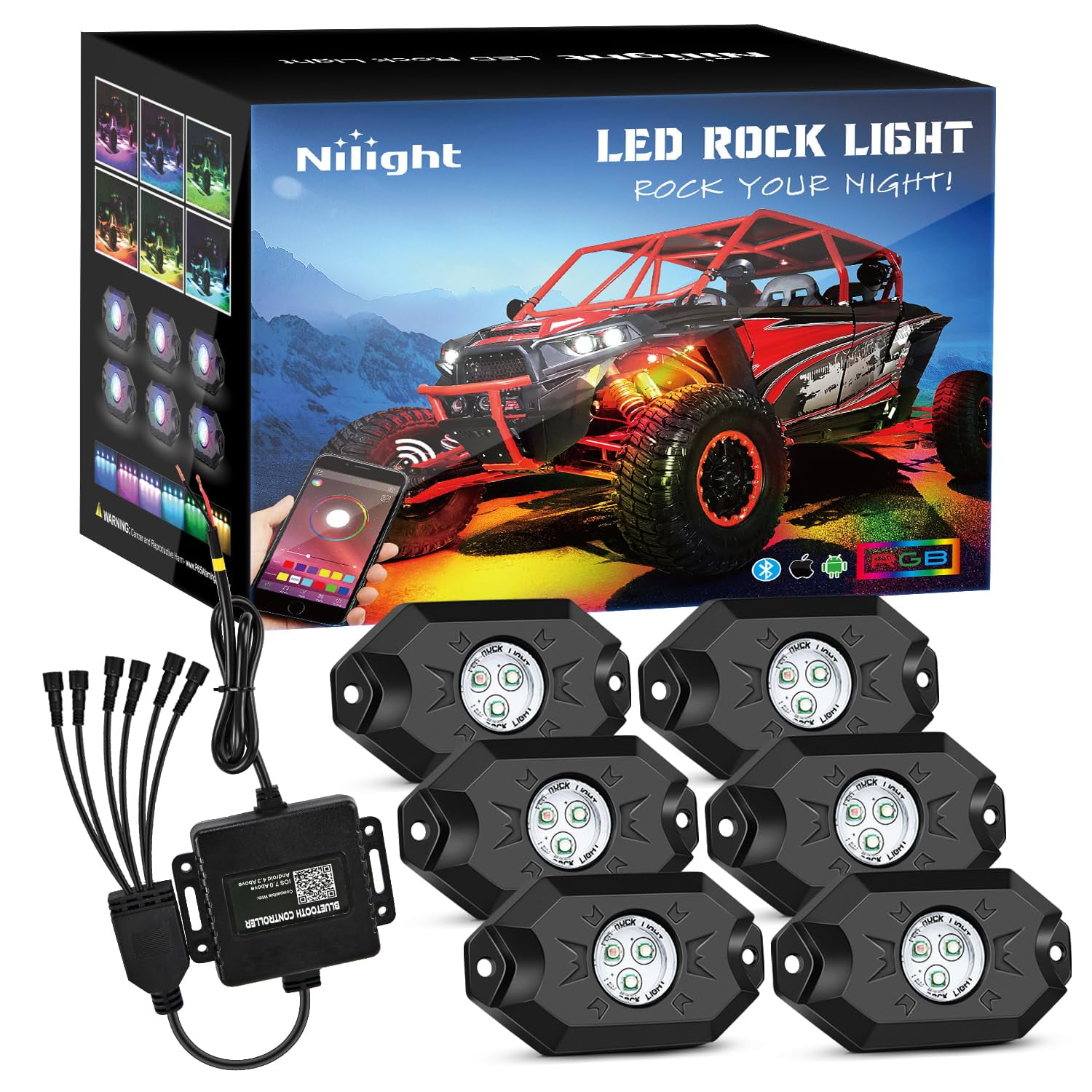 Nilight RGB LED Rock MMF7 Lights Kit, 6 pods Underglow Multicolor Neon ...