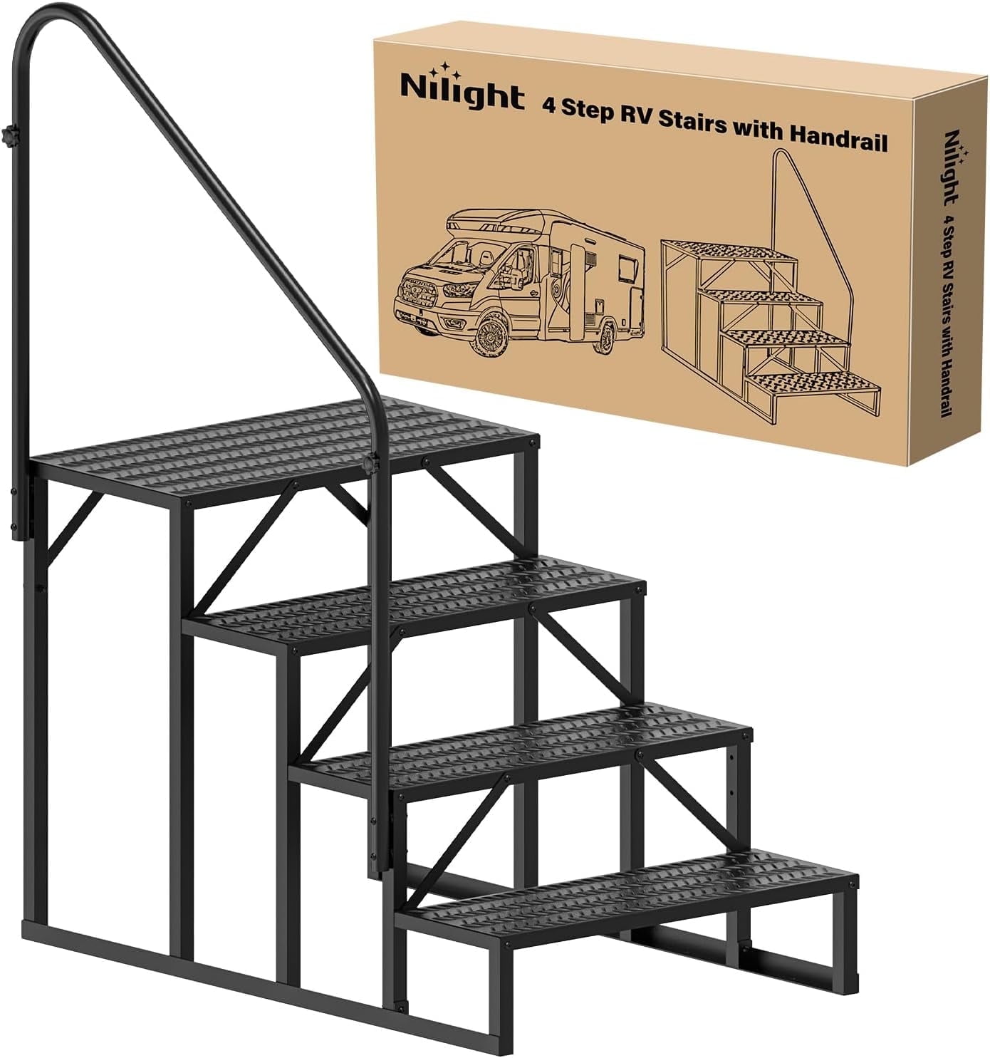 Nilight RV Steps with Handrail, 4 Steps Hot Tub Steps Outdoor RV Stairs ...