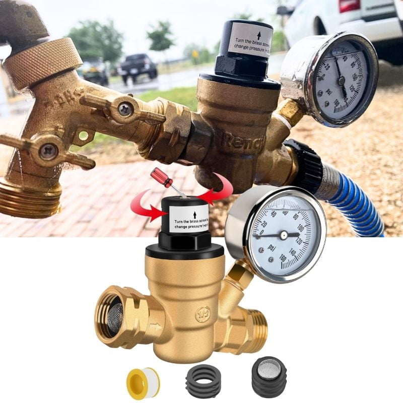 Water Pressure Regulator Valve, RV Brass with Gauge and Inlet Screened ...