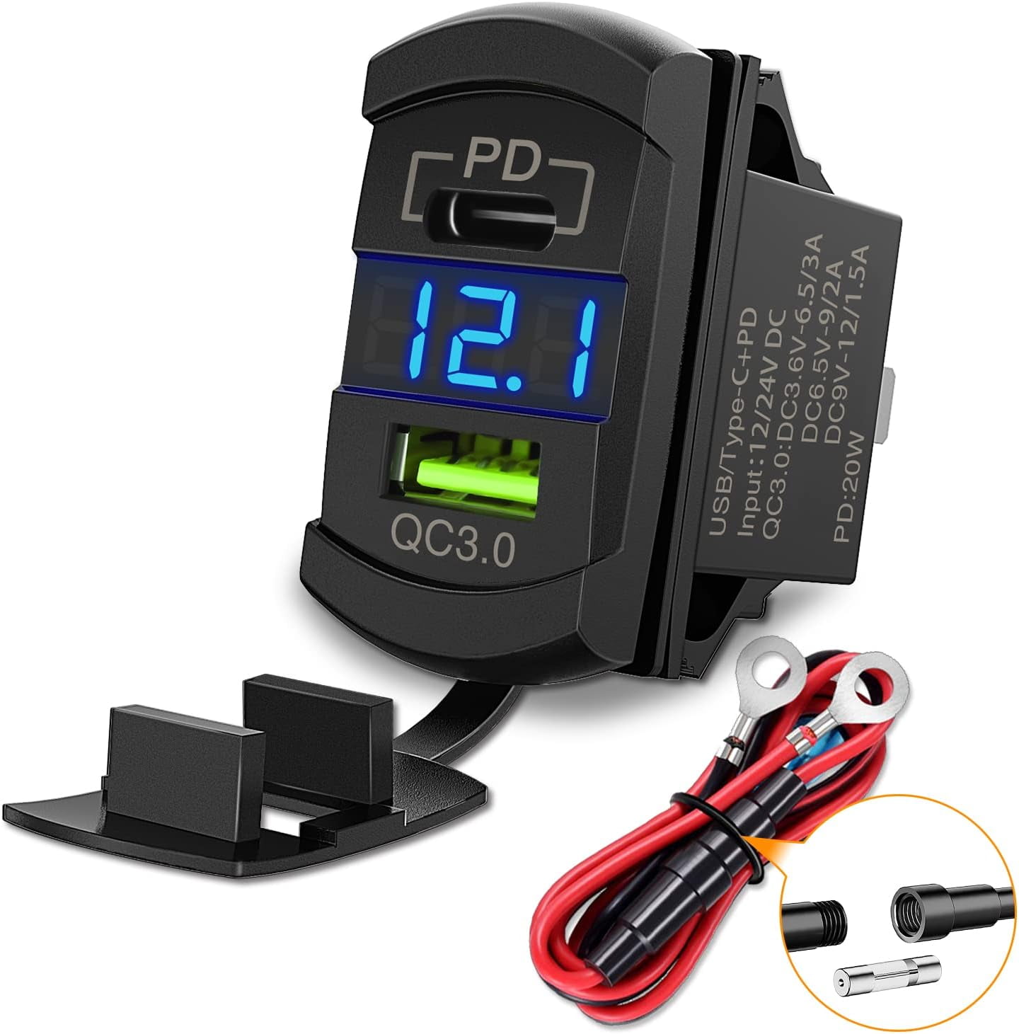 Nilight Rocker Switch Style USB Charger LED Voltmeter Quick Charge 12V ...