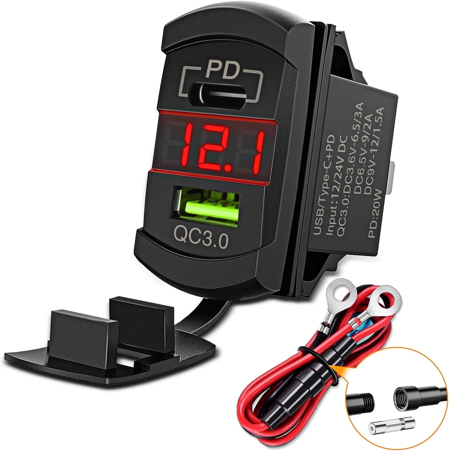 Nilight Rocker Switch Style USB Charger Red LED Voltmeter Quick Charge ...