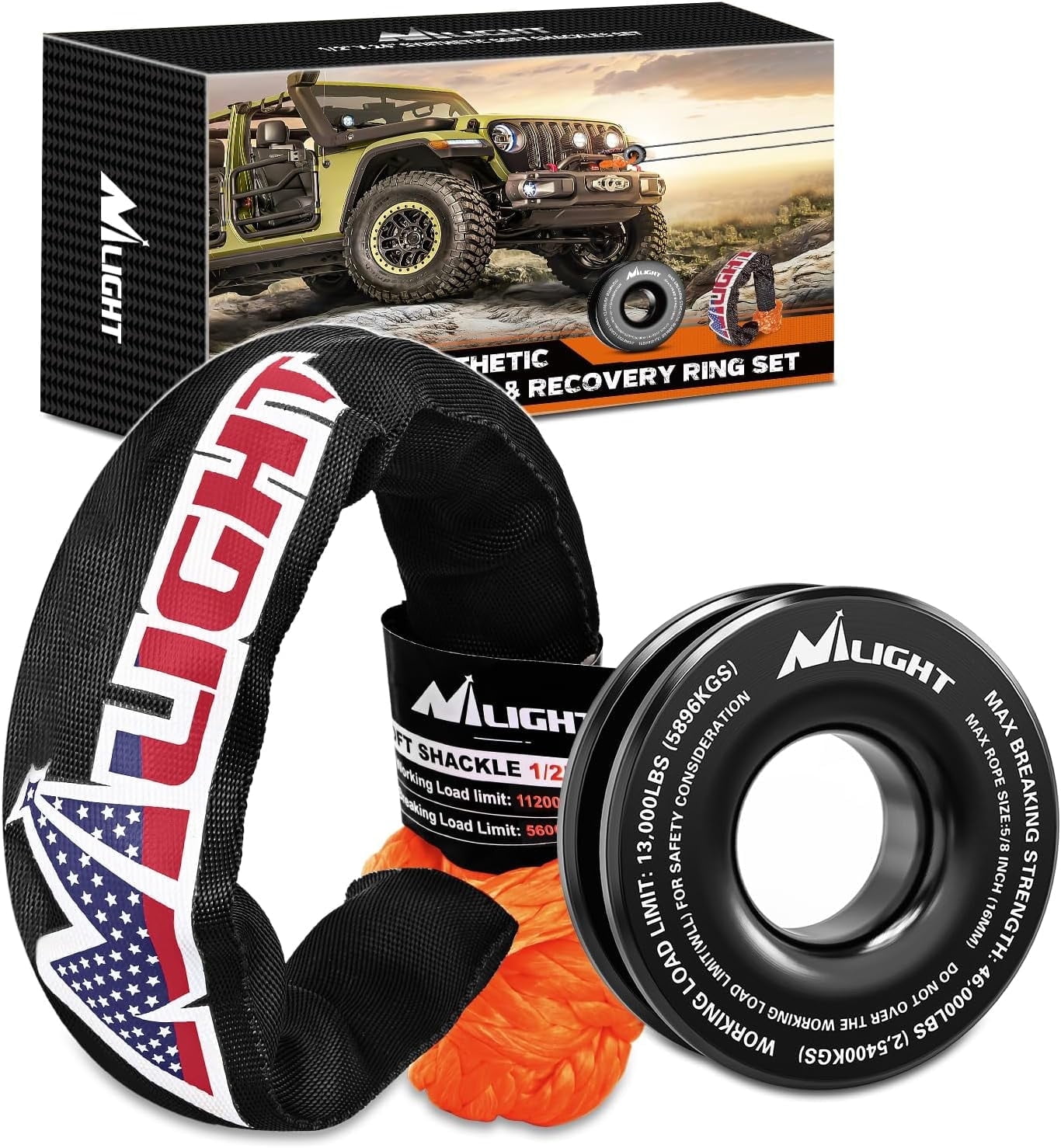 Nilight Synthetic Soft Shackle & Recovery Ring Kit 1/2inch x 24inch ...