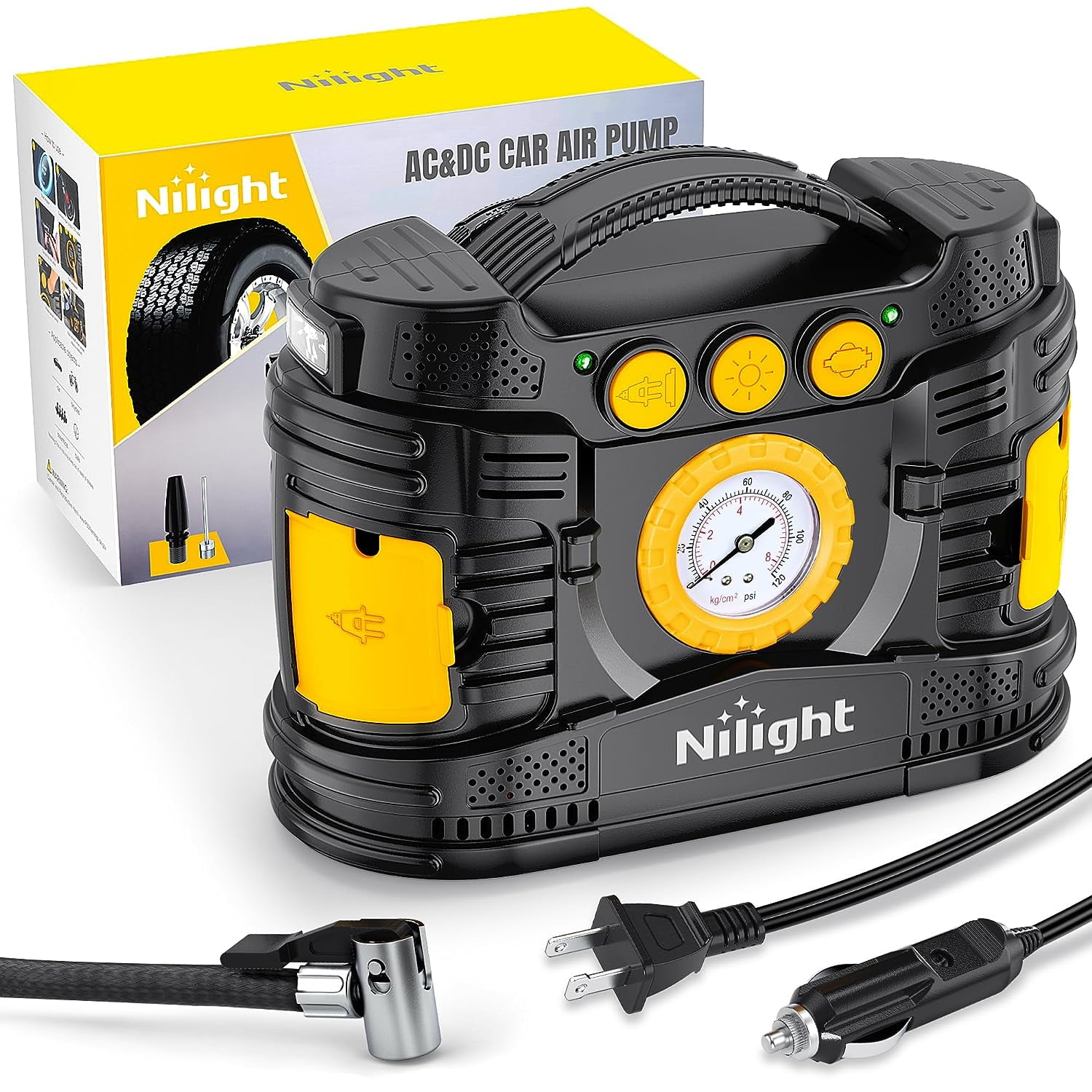 Nilight Brandclub Nilight Tire Inflator Portable Air Compressor Dual Power for Car 12V DC Home 110V AC Tire Pump w Analog Pressure Gauge Fast Inflate Auto Shutoff Pump for Car SUV