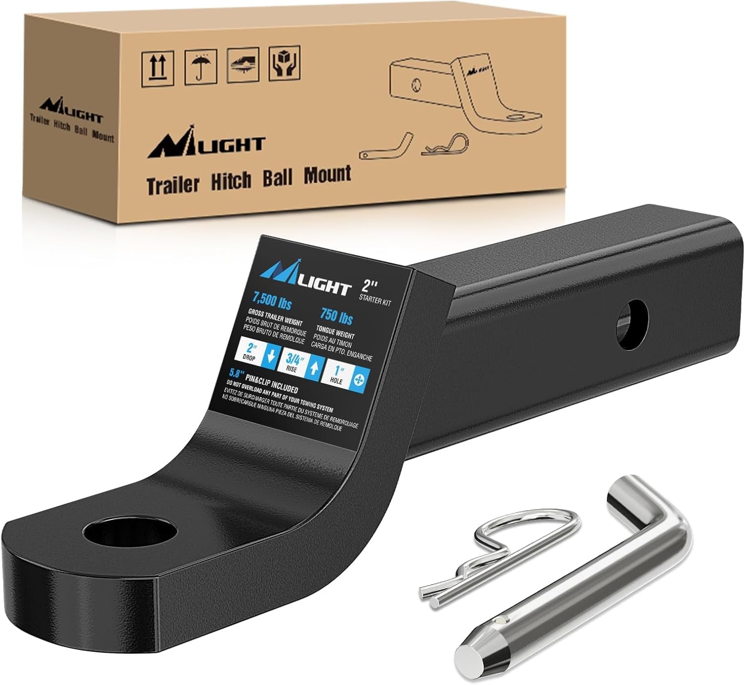 Nilight Trailer Hitch Ball Mount with 5/8" Hitch Pin Clip Fits 2 inch ...
