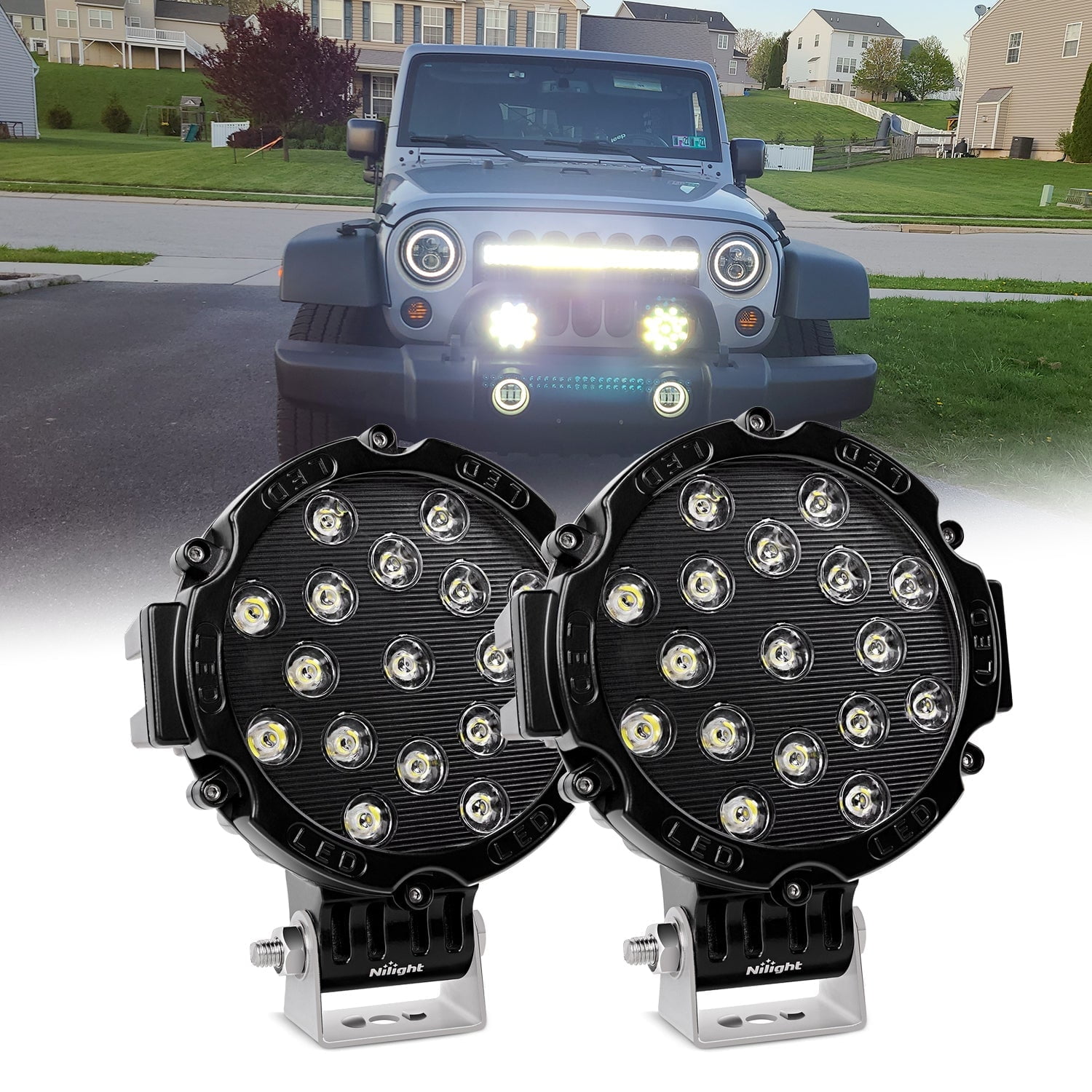 Nilight Led Light Bar 2Pcs 7" 51W 5100LM Black Round Spot Light Pod Off ...