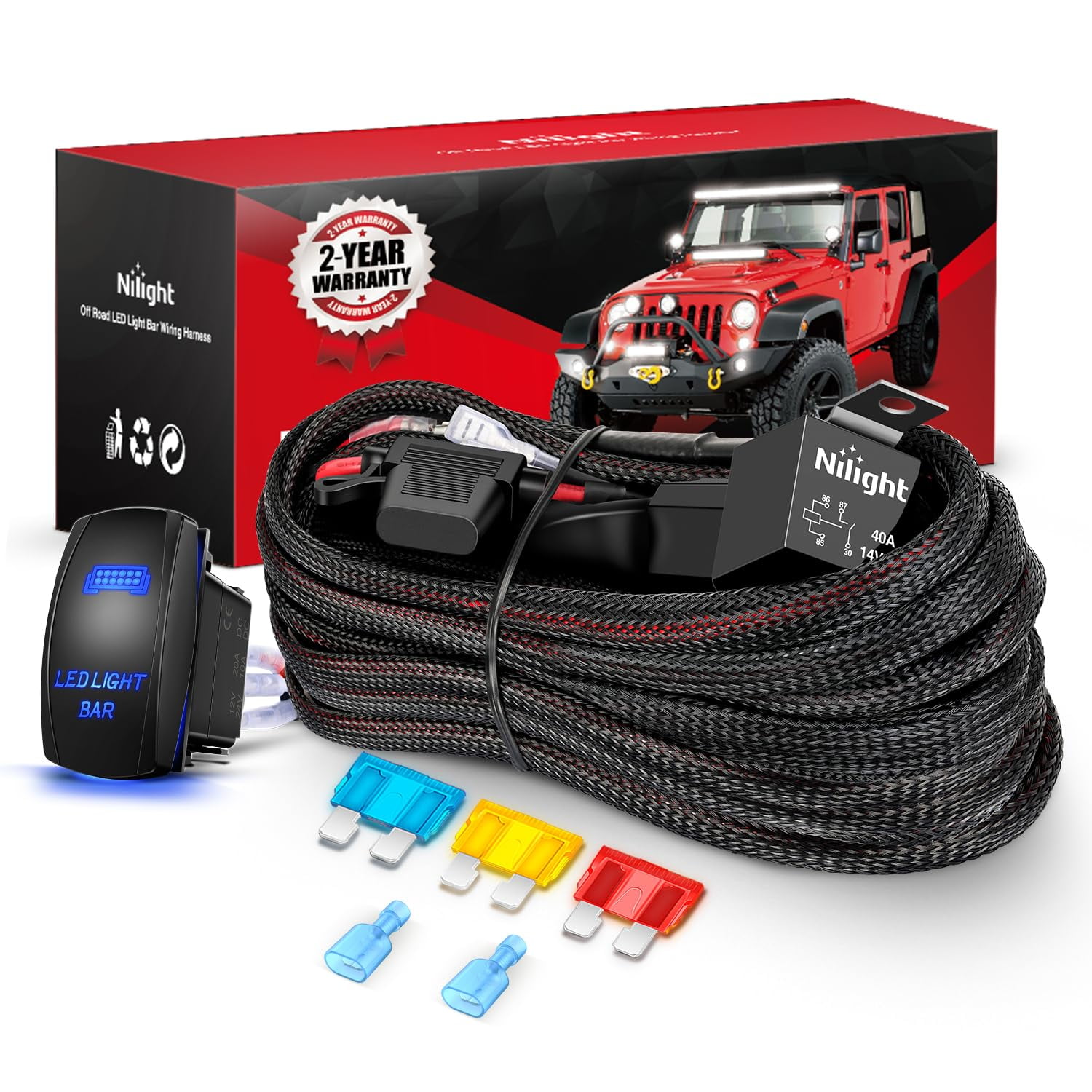 Nilight Wiring Harness Kit Nylon 14 AWG 1 Lead 12V 5Pin Rocker Switch ...