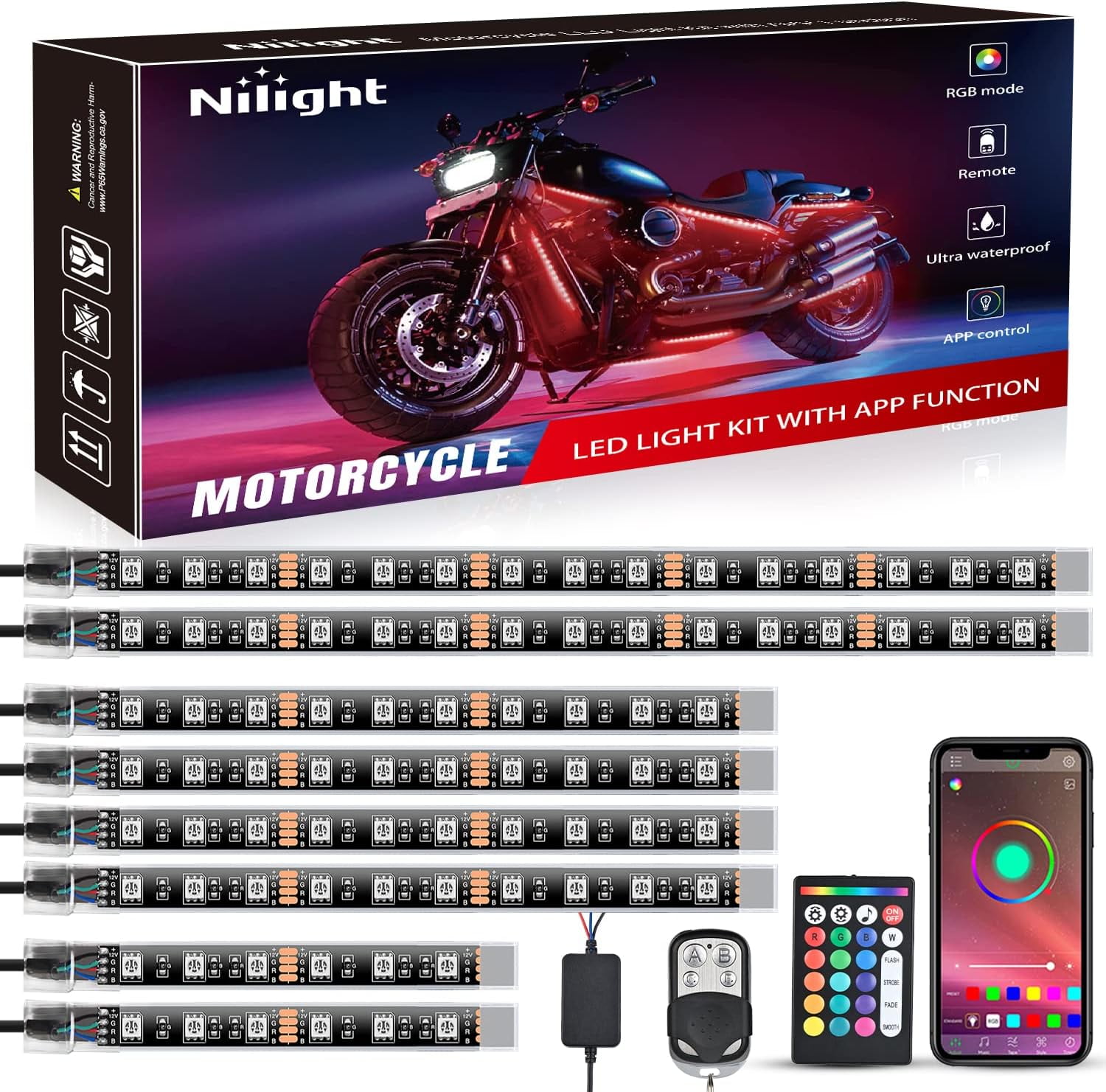 Niligt 8PCS Motorcycle RGB Led Ligt Kit Waterproof Multi Color ...