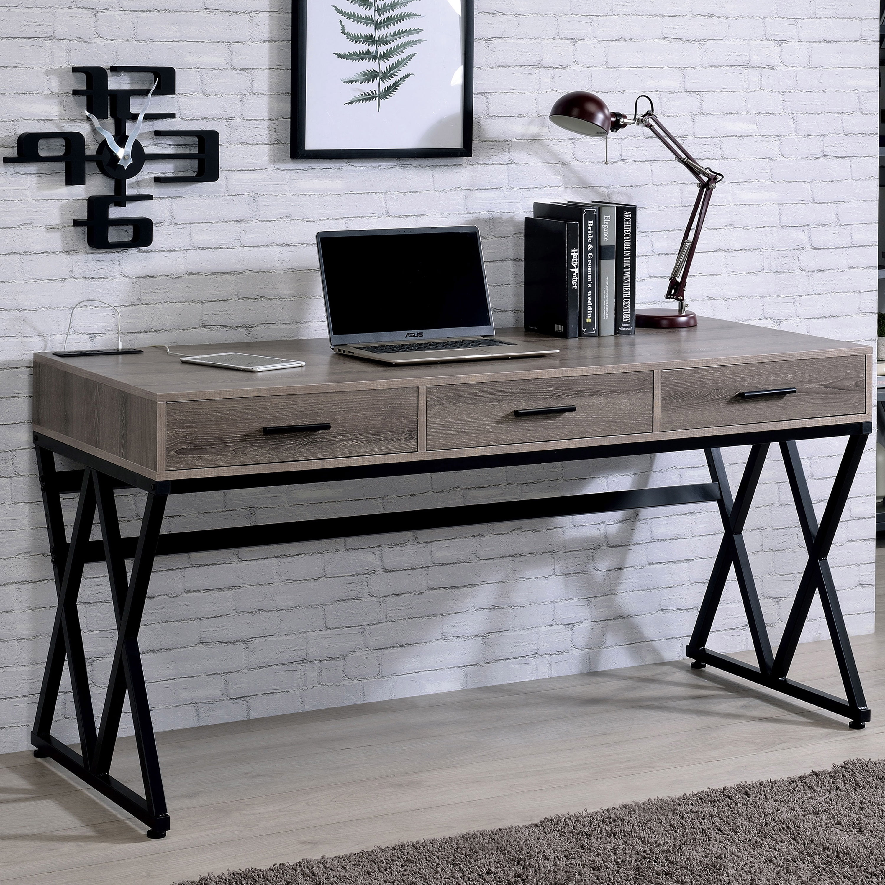 Nillo 3-Drawer Wood Writing Desk with USB Ports, Sand Black - Walmart.com