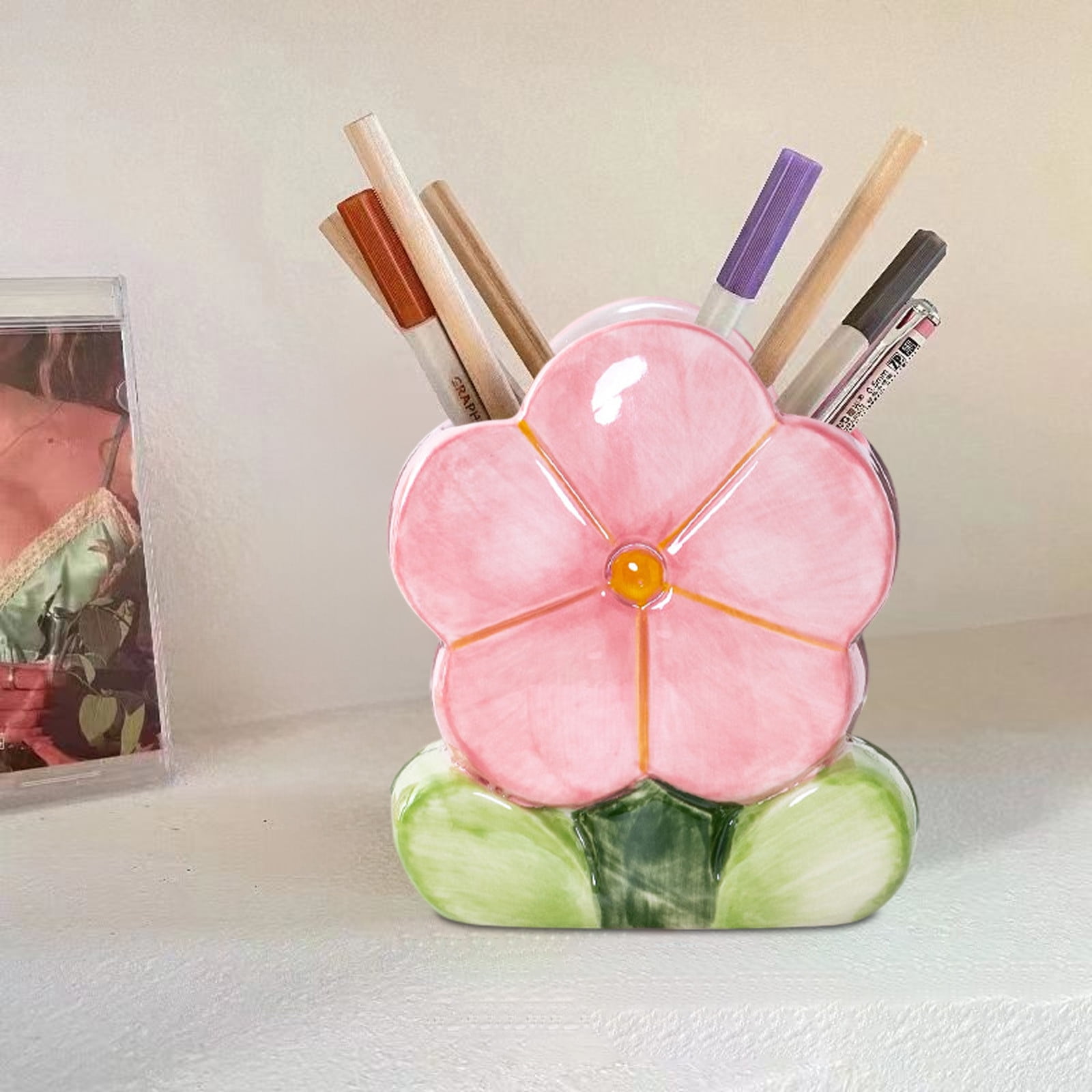 Nilvkv Cute Flower Ceramic Organizer Desktop Makeup Beauty Pencil Pot ...