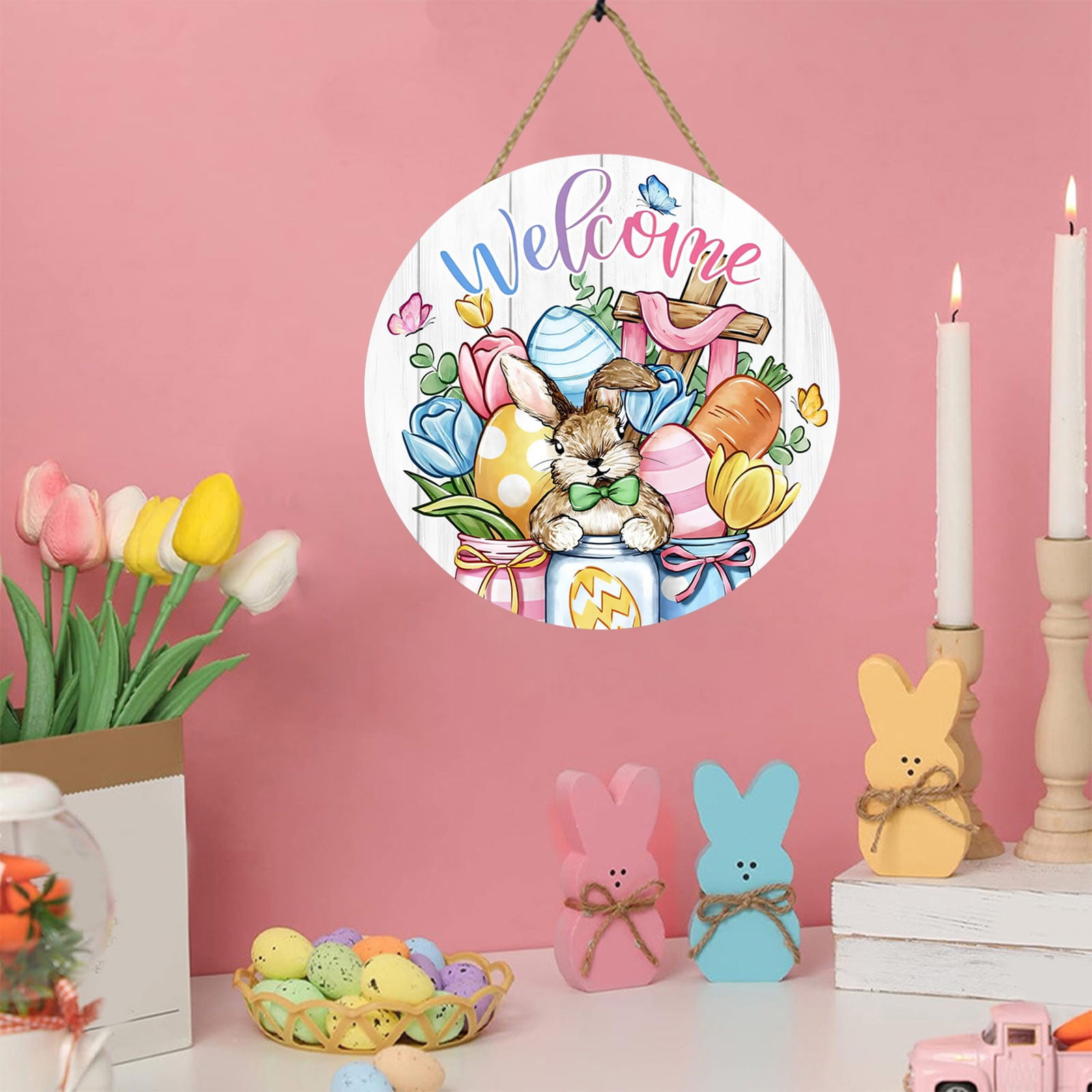 Nilvkv Easter Eggs Bunny Wooden Hanging Sign Decoration Holiday Door ...
