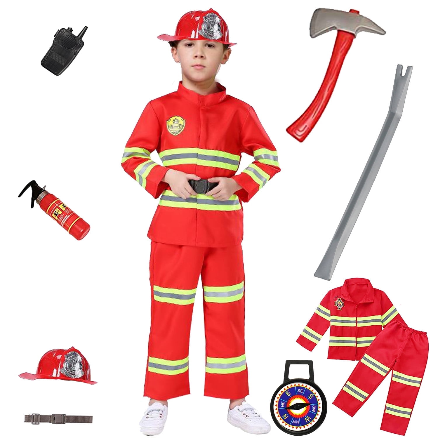 NimJoy 9Pcs Red Kids Fireman Costume Firefighter Dress-up Set for Boys ...