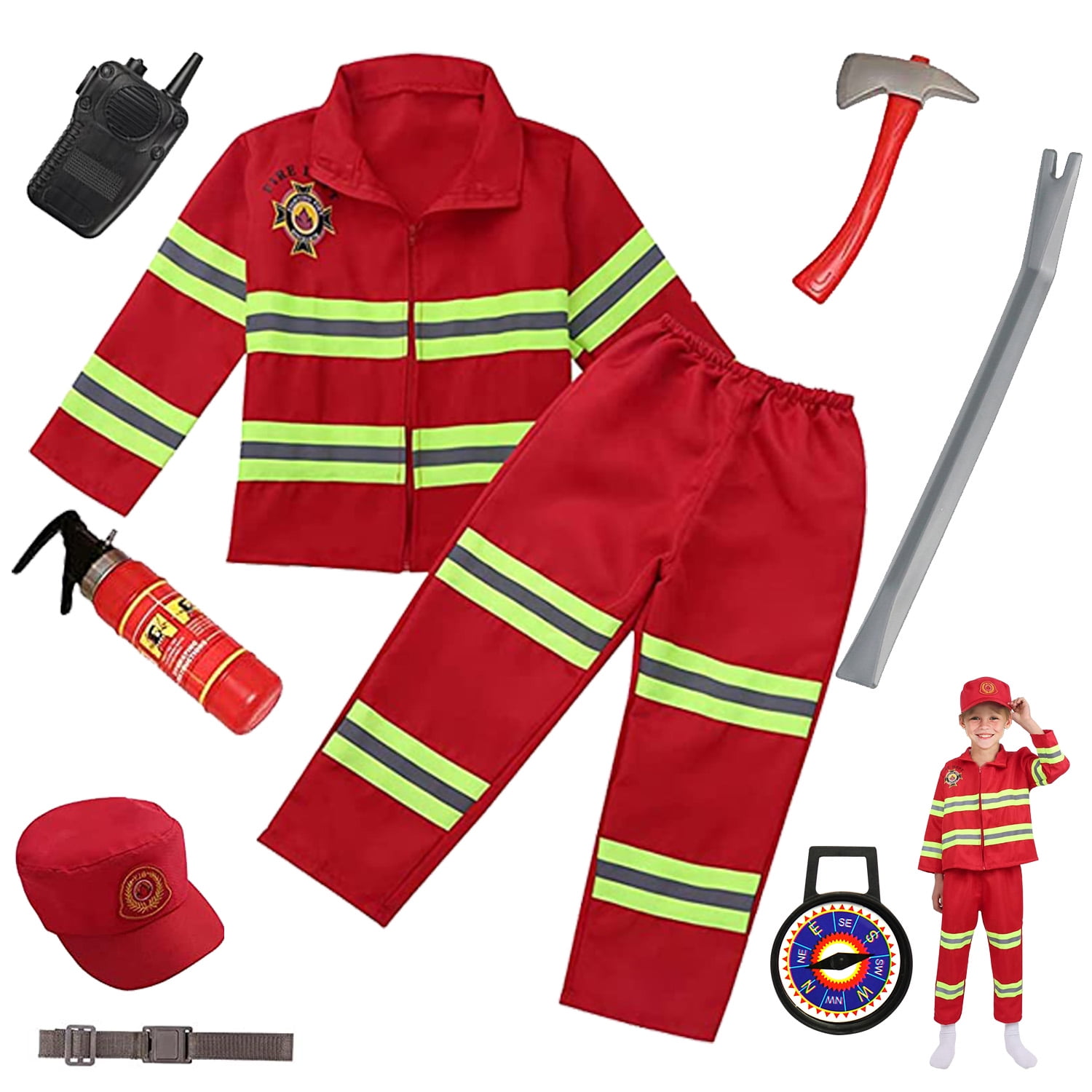 NimJoy 9Pcs Red Kids Fireman Costume Firefighter Dress-up Set for Boys ...
