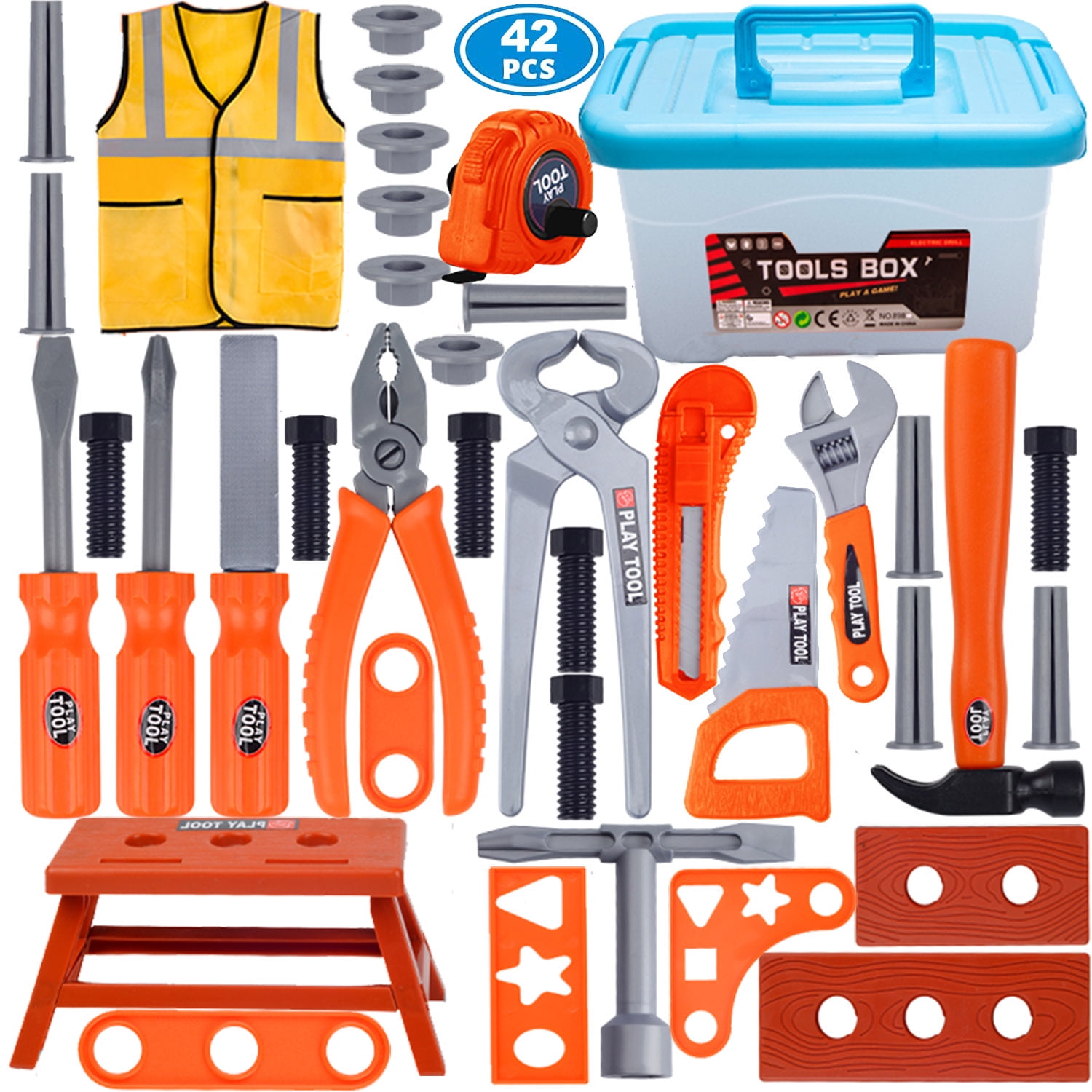 NimJoy Fix It Kids Tool Set W/Toolbox & Costume 42PCS Accessory Playset ...