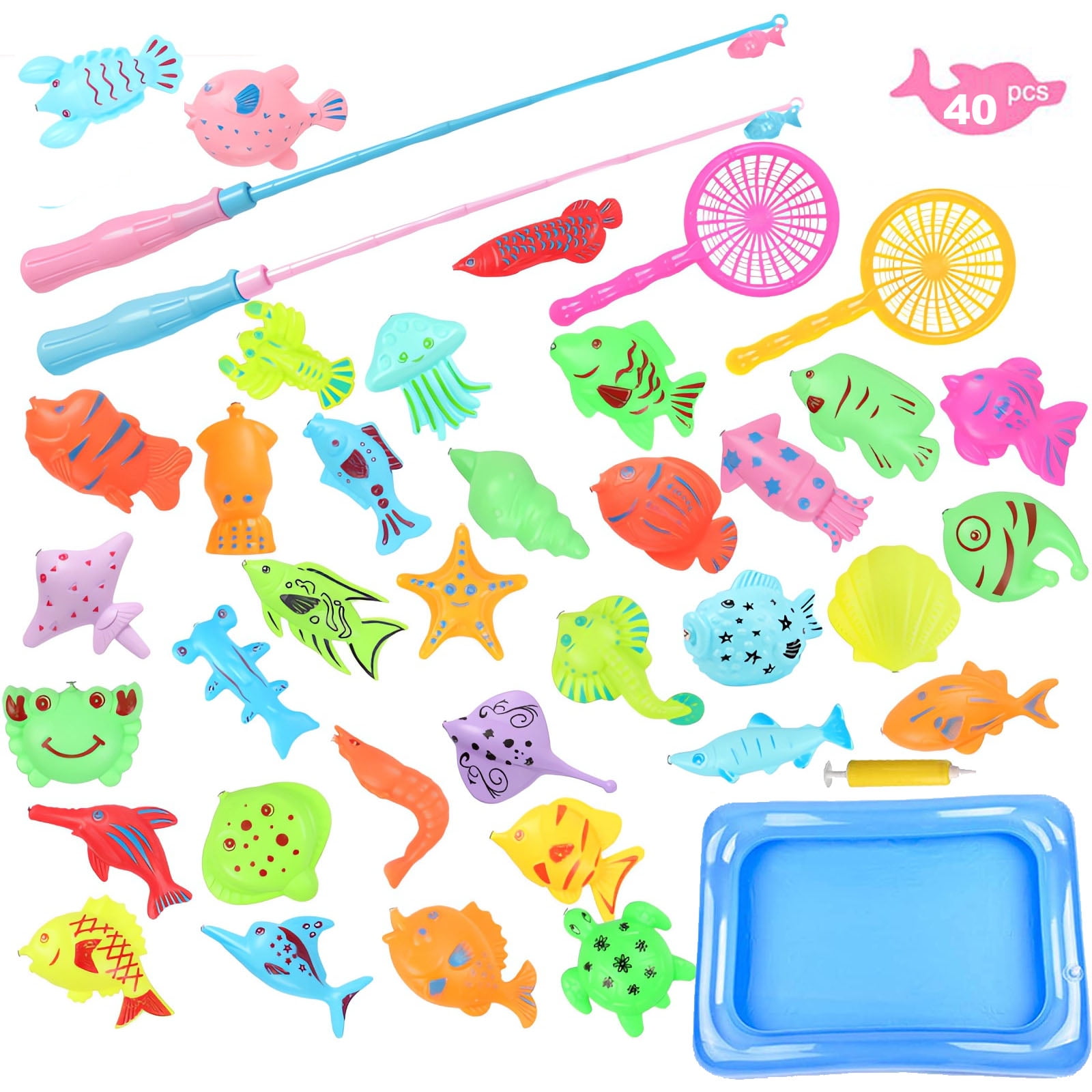 NimJoy Kids Fishing Toys Game Set W/Inflatable Pool & Pole Rod Net & 34 ...