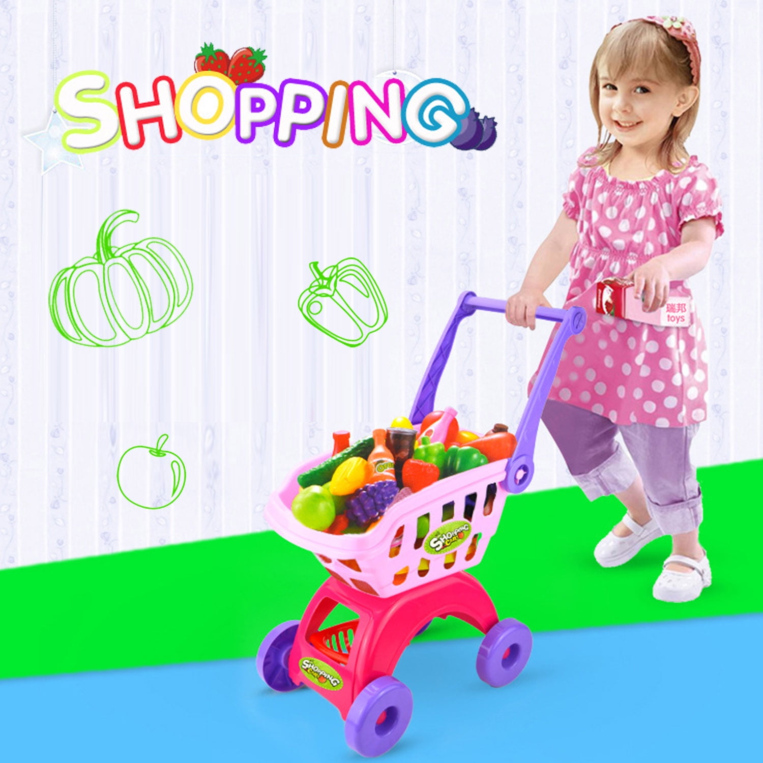 NimJoy Pink Shopping Cart Toy For Children, With Filled Goods & ABS ...