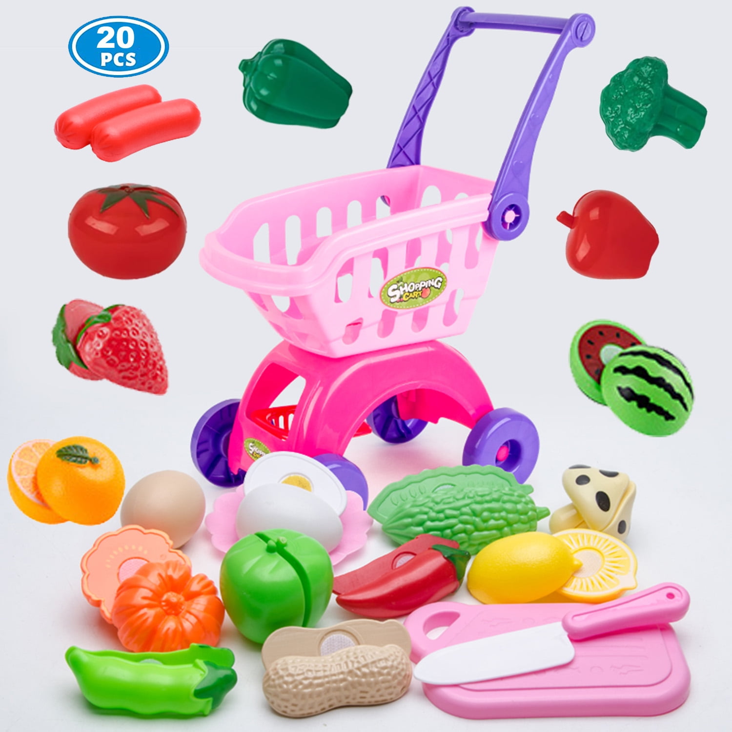 NimJoy Pretend-N-Play Shopping Cart with 20 Pcs Cutting Foods, Unisex ...