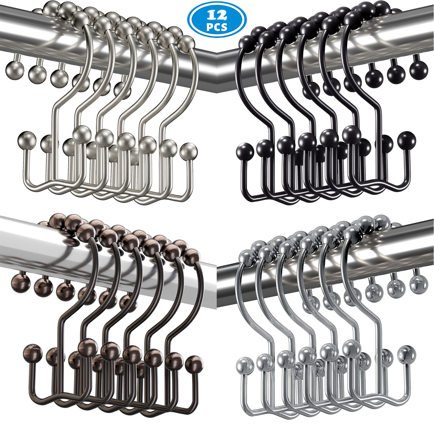 NimJoy Set of 12 Double Shower Curtain Ring Hooks, Rust-Free Premium 18 ...