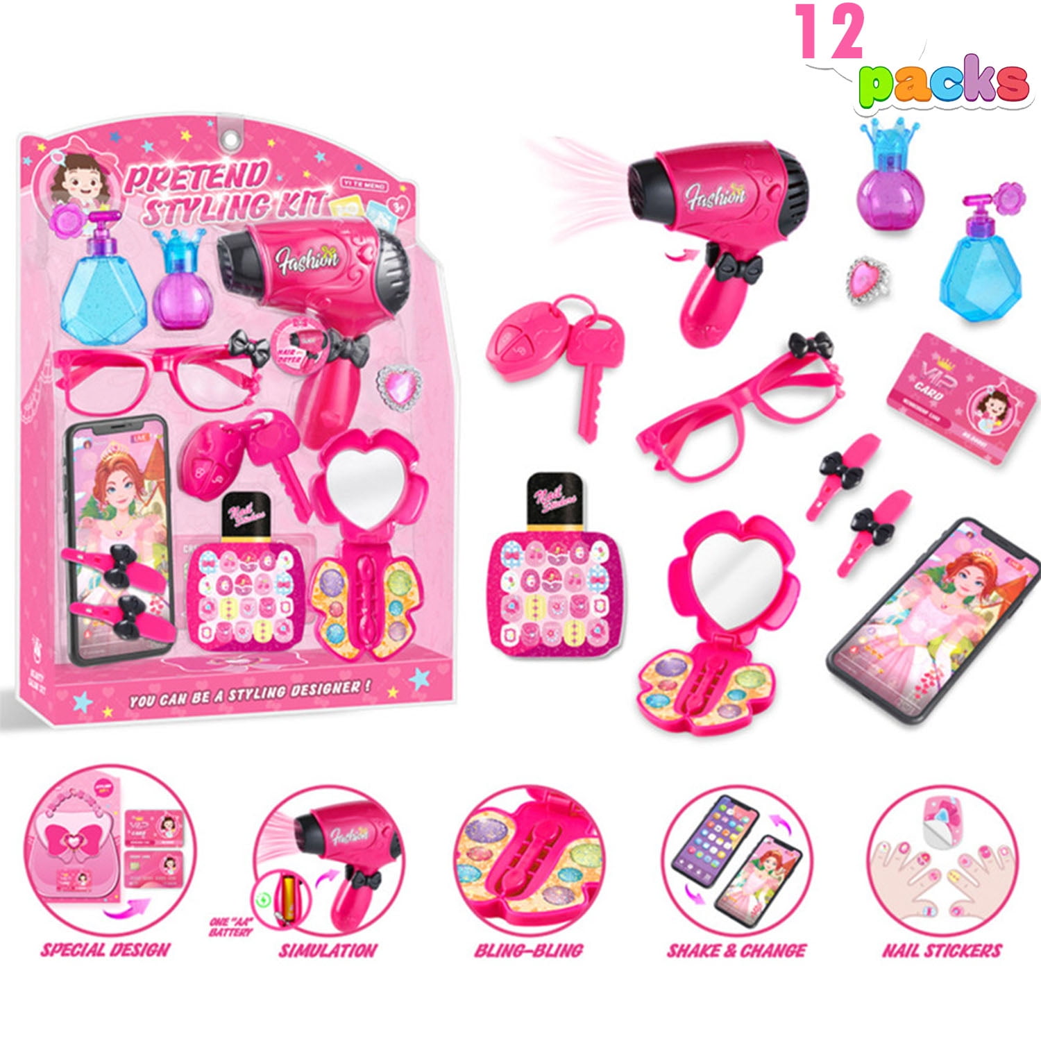 NimJoy Toy Stylist Play Set W/Real Hairdryer Toy Iphone & 12 Pink ...