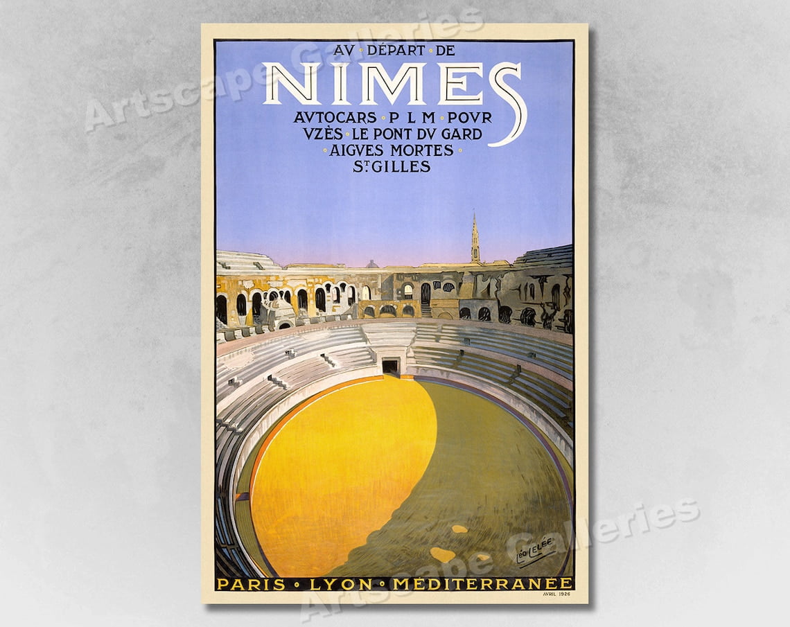 Nimes France 1926 Amphitheater Vintage Style Travel, Stretched Canvas ...