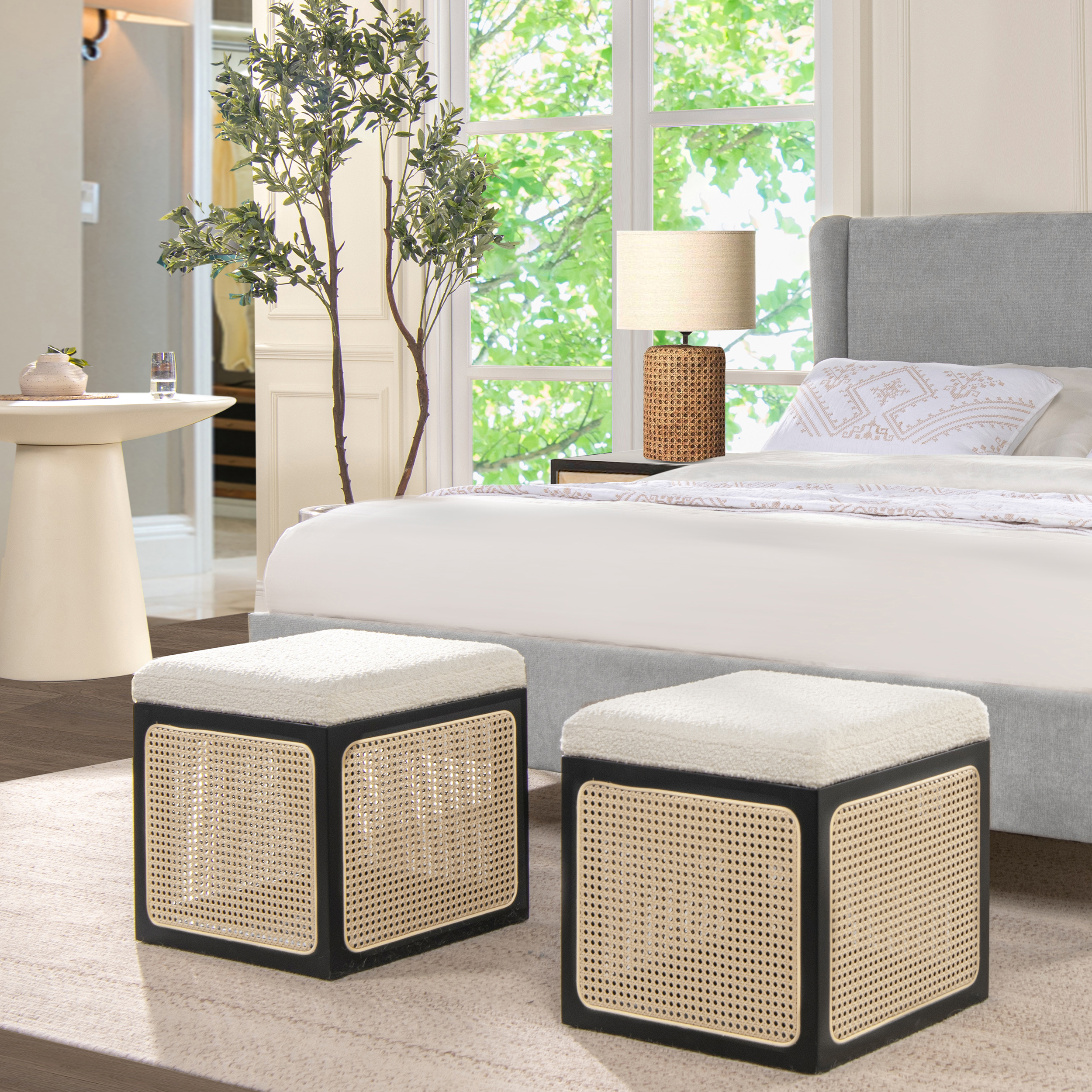 Nina 18" Cane Webbing Cube Ottoman Ivory White Boucle - Walmart.com