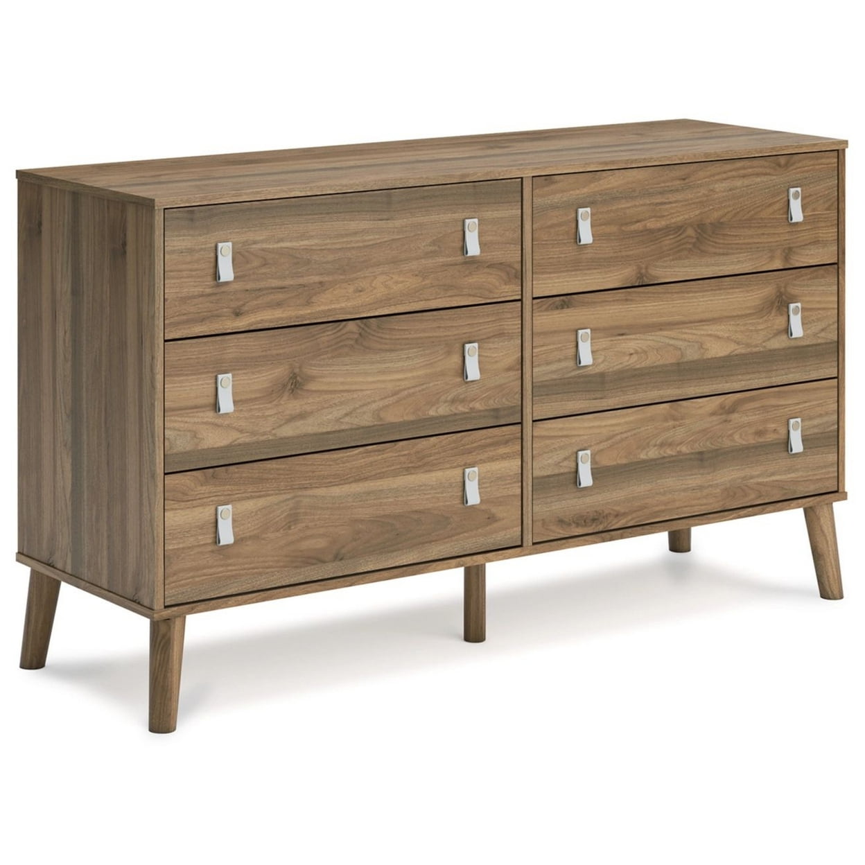 Nina 59 Inch 6 Drawers Wide Dresser, Gray Faux Leather Handles, Honey ...