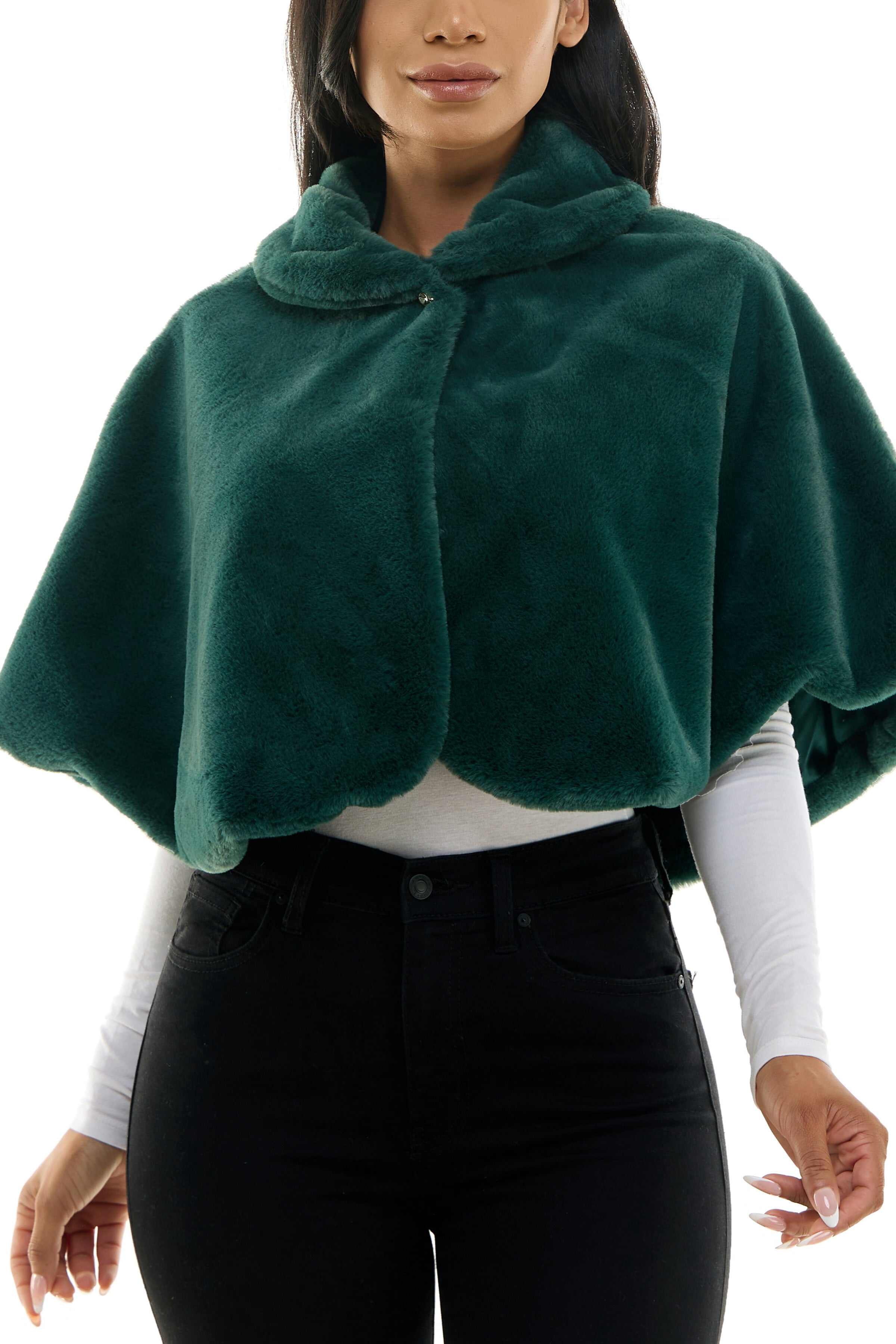 Nina Leonard Collared One Button Cape Sleeve Fux Fur Jacket-BLACK ...
