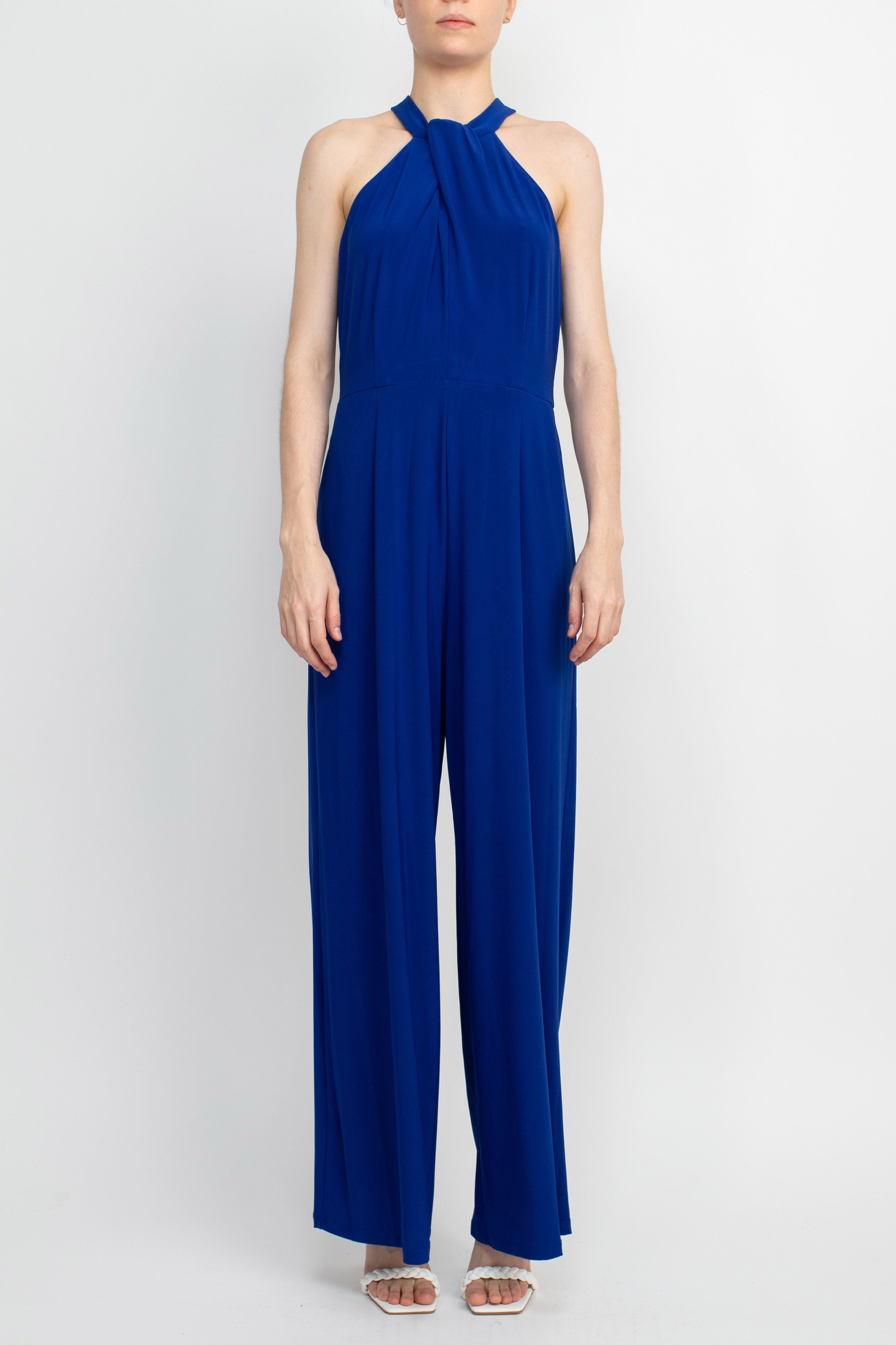 Nina Leonard Crossed Neck Sleeveless Keyhole Back Solid Jersey Jumpsuit ...