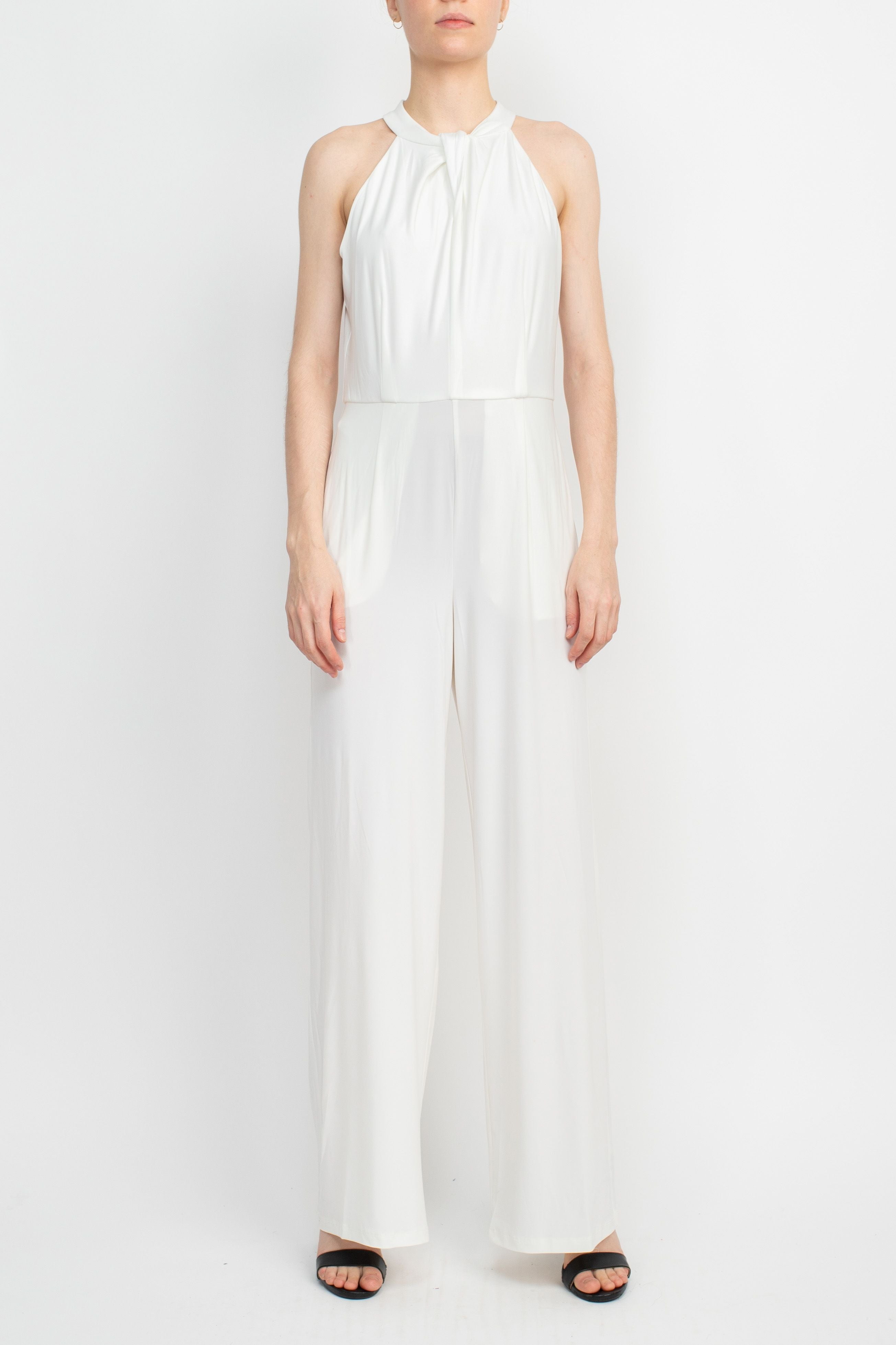 Nina Leonard Crossed Neck Sleeveless Keyhole Back Solid Jersey Jumpsuit ...