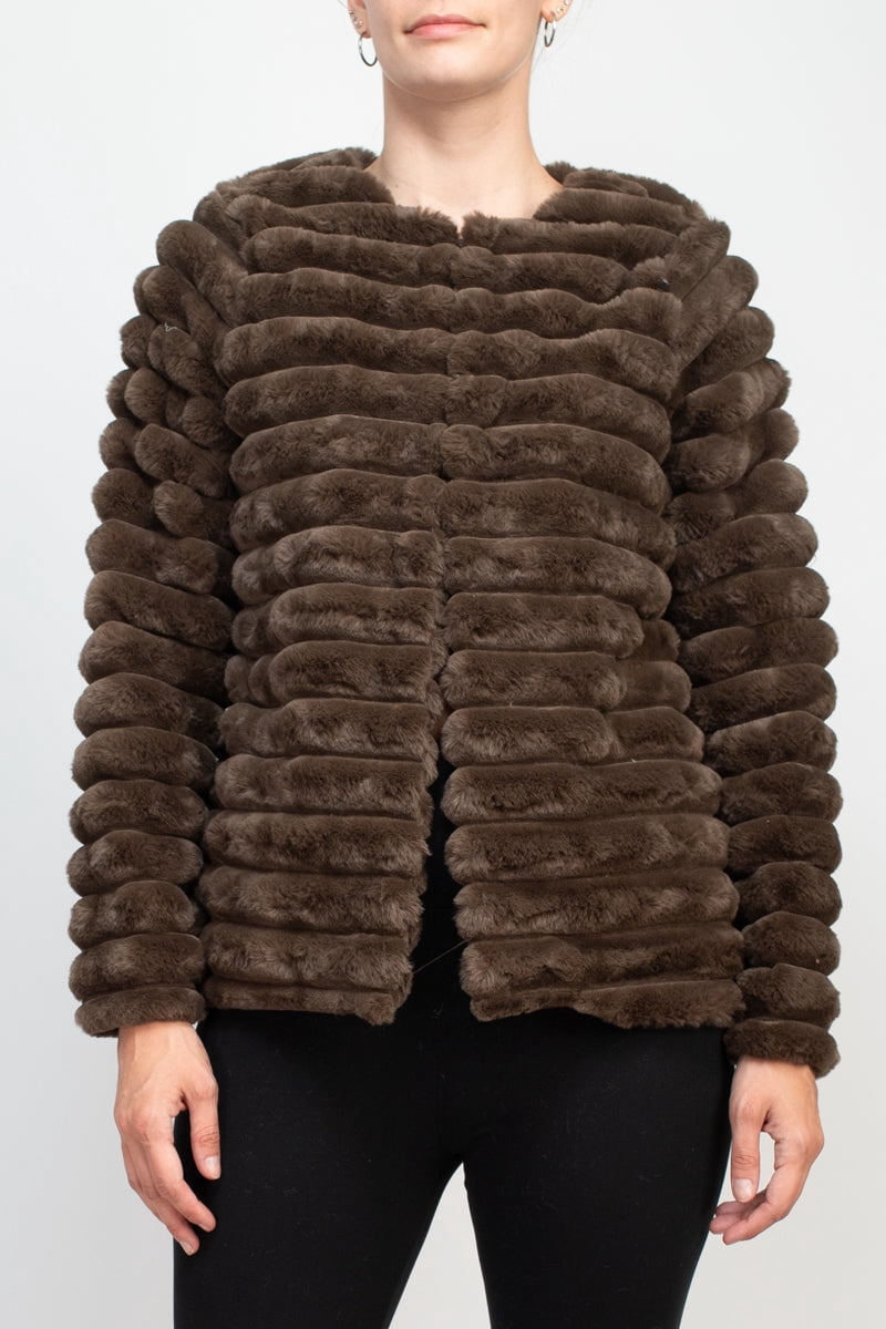 Nina Leonard crew neck hook closure long sleeve ribbed faux fur jacket ...