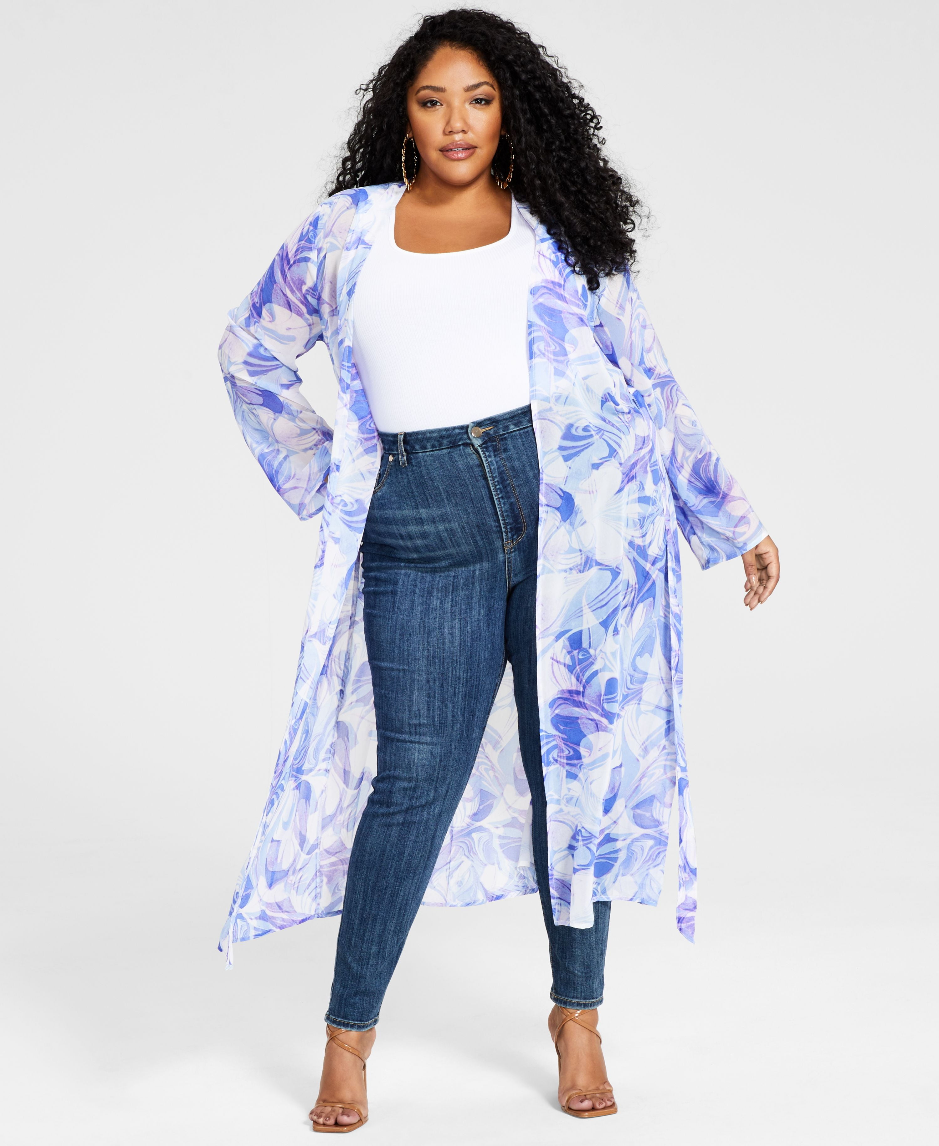Nina Parker Trendy Plus Size Printed Chiffon Duster Marble Print 1X ...