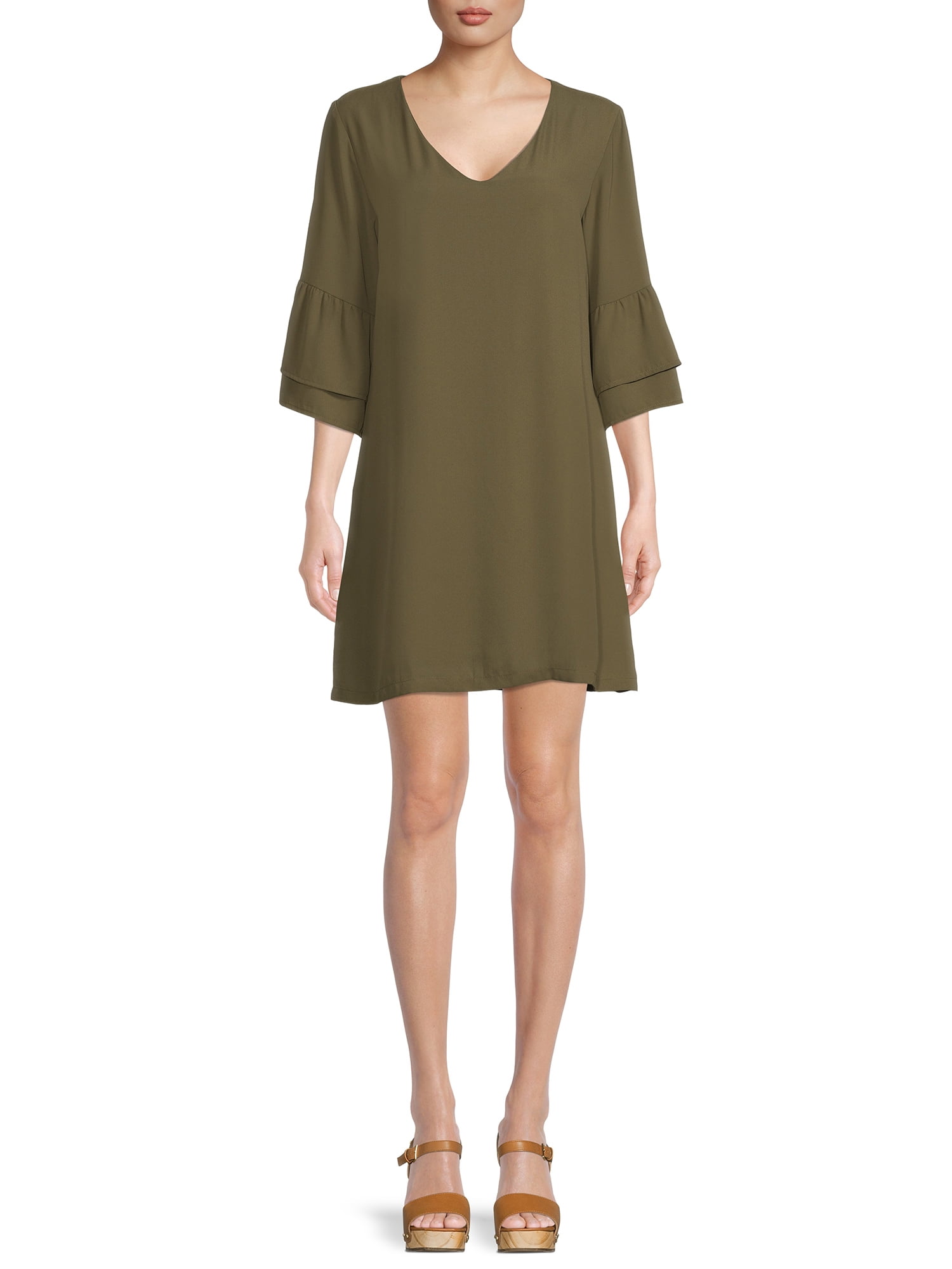 Nine.Eight Women V-Neck Flounce Sleeve Above Knee Shift Dress - Walmart.com