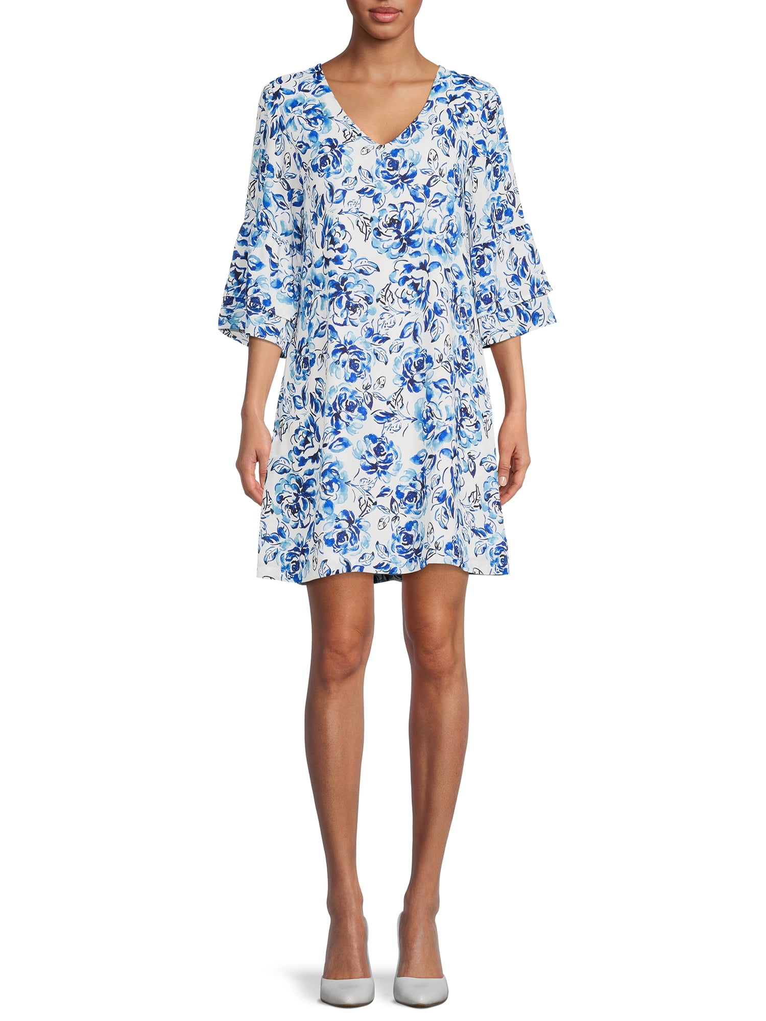 Nine.Eight Women V-Neck Flounce Sleeve Above Knee Shift Dress - Walmart.com