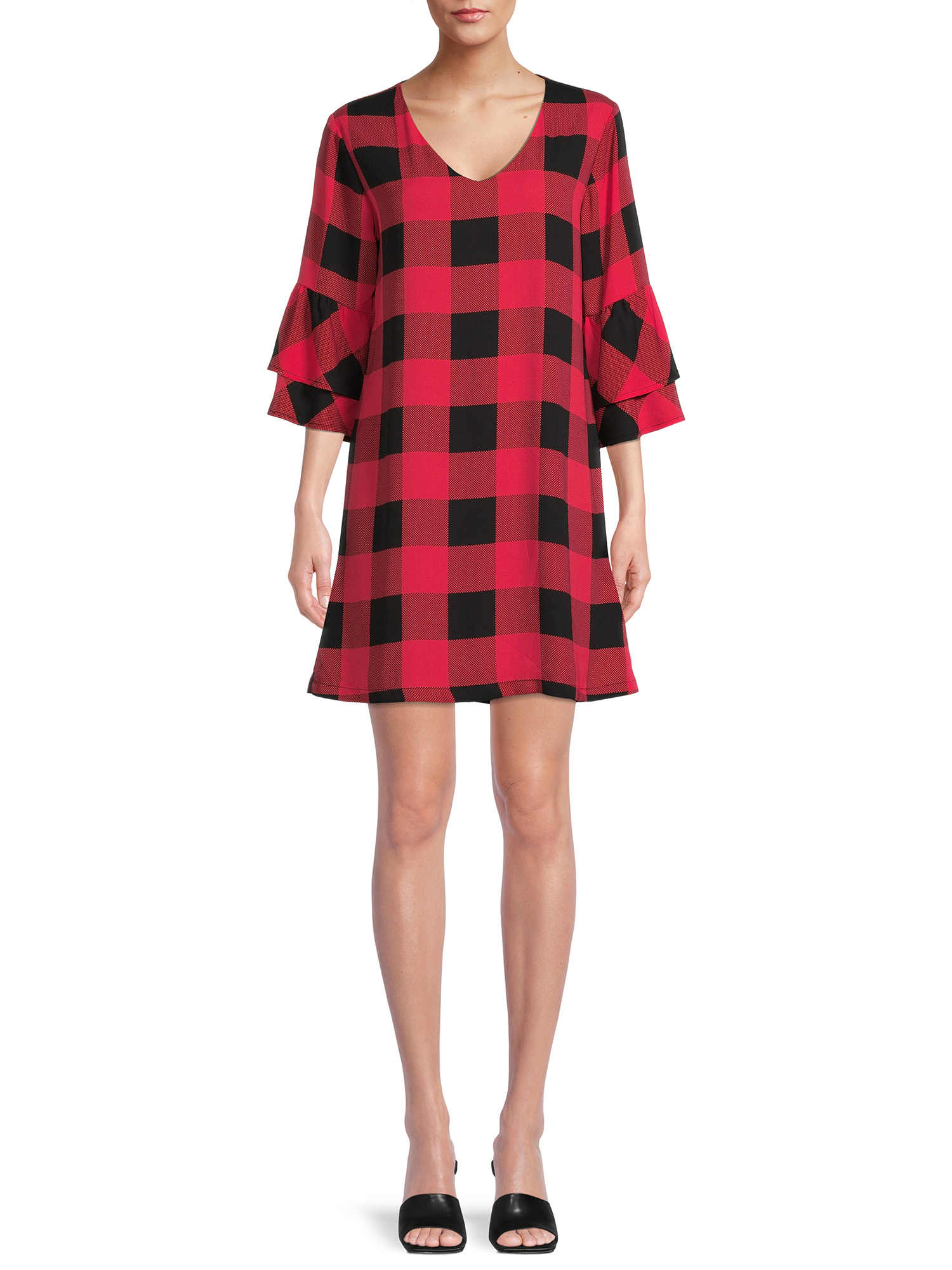 Nine.Eight Women V-Neck Flounce Sleeve Above Knee Shift Dress - Walmart.com