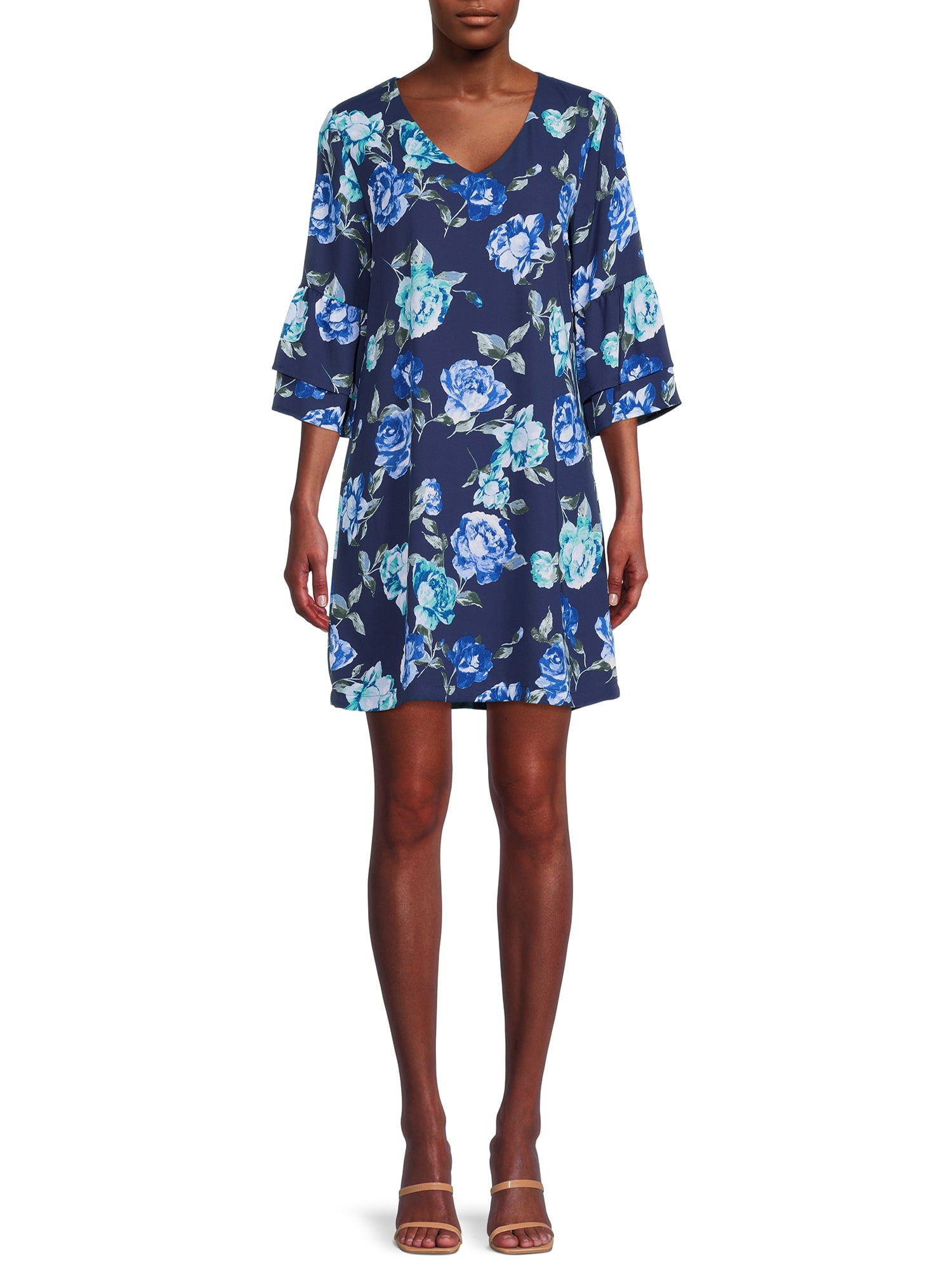 Nine.Eight Women V-Neck Flounce Sleeve Above Knee Shift Dress - Walmart.com