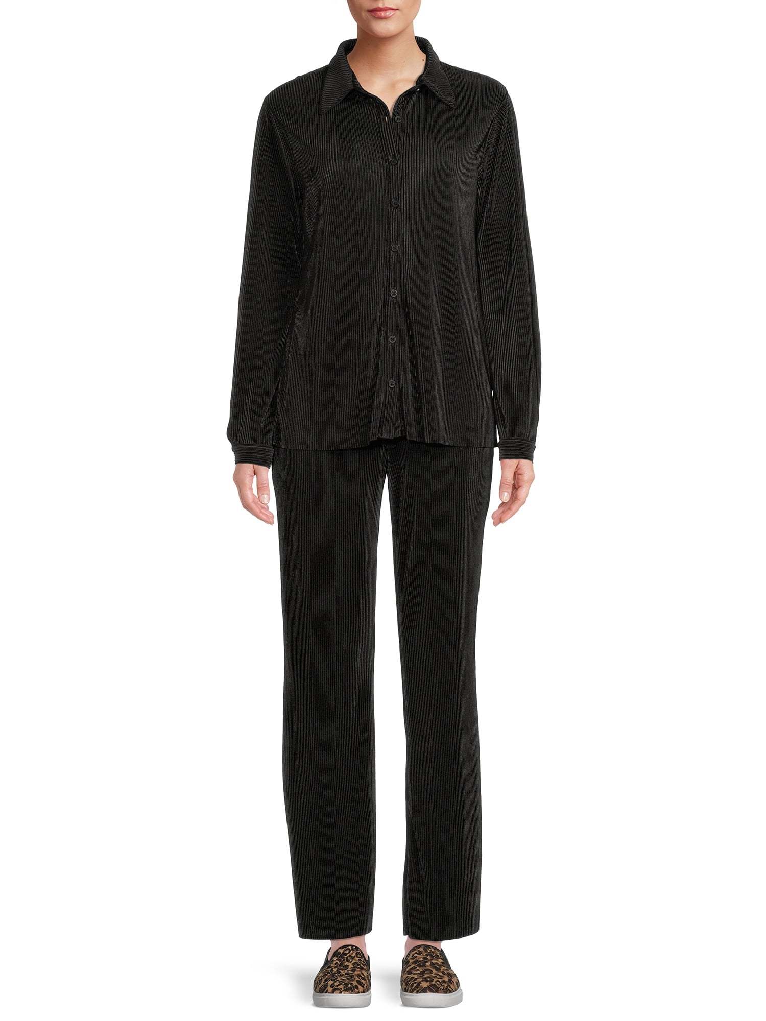 Nine.Eight Women's and Women's Plus Plisse Pleat Shirt and Pants Set, 2 ...