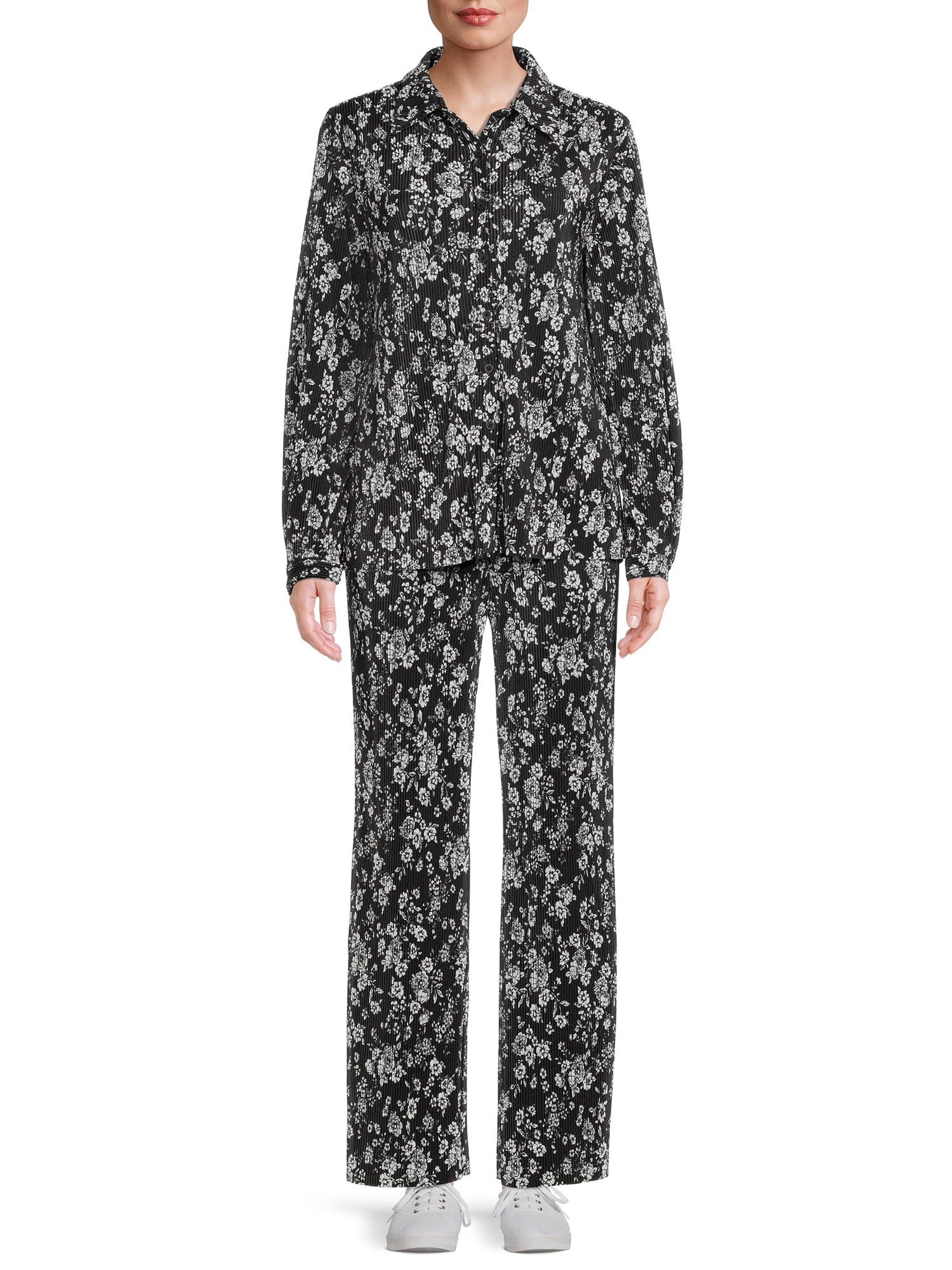 Nine.Eight Women's Crinkle Cut Shirt and Pull On Pants Matching Set, 2 ...