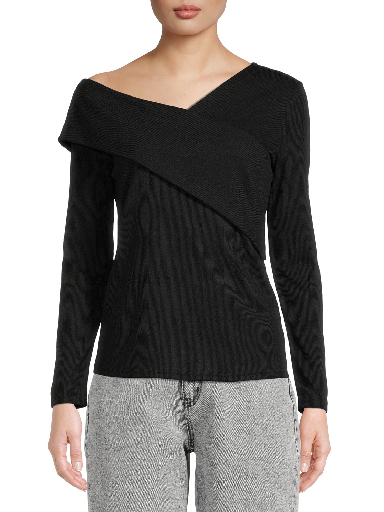 Nine.Eight Women’s Off Shoulder Wrap Top with Long Sleeves - Walmart.com