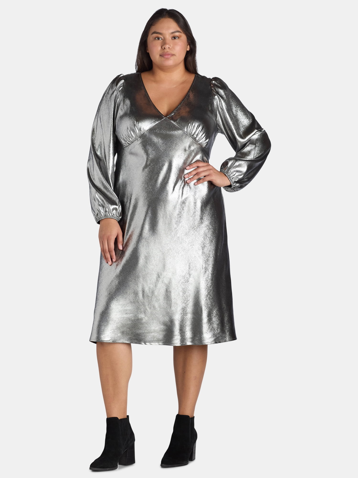 Nine.Eight Women’s and Women's Plus V-Neck Satin Midi Dress with Long ...