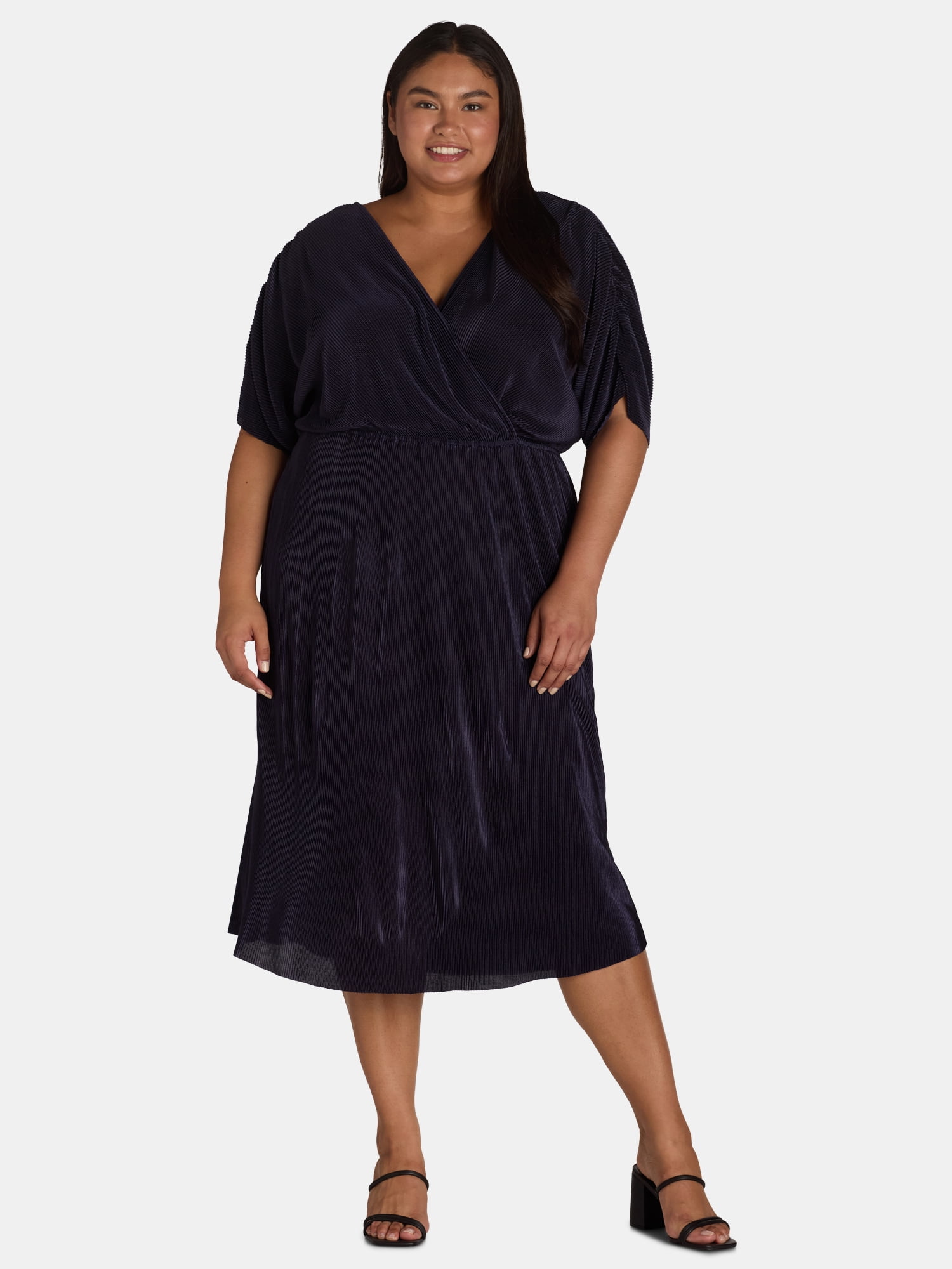 Nine.Eight Women’s and Women's Plus Faux Wrap Plisse Midi Dress, Sizes ...