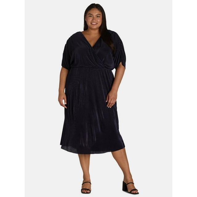 Nine.Eight Women’s and Women's Plus Faux Wrap Plisse Midi Dress, Sizes ...