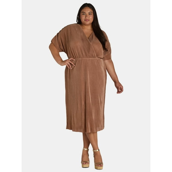 Nine.Eight Women's Faux Wrap Plisse Midi Dress, XS-4X, Elegant Feminine ...