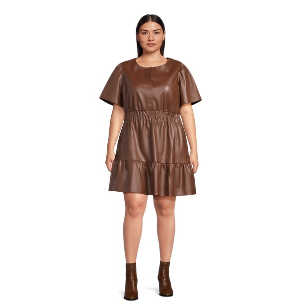 Nine.Eight Women's Plus Size Short Sleeve Faux Leather Dress - Walmart ...