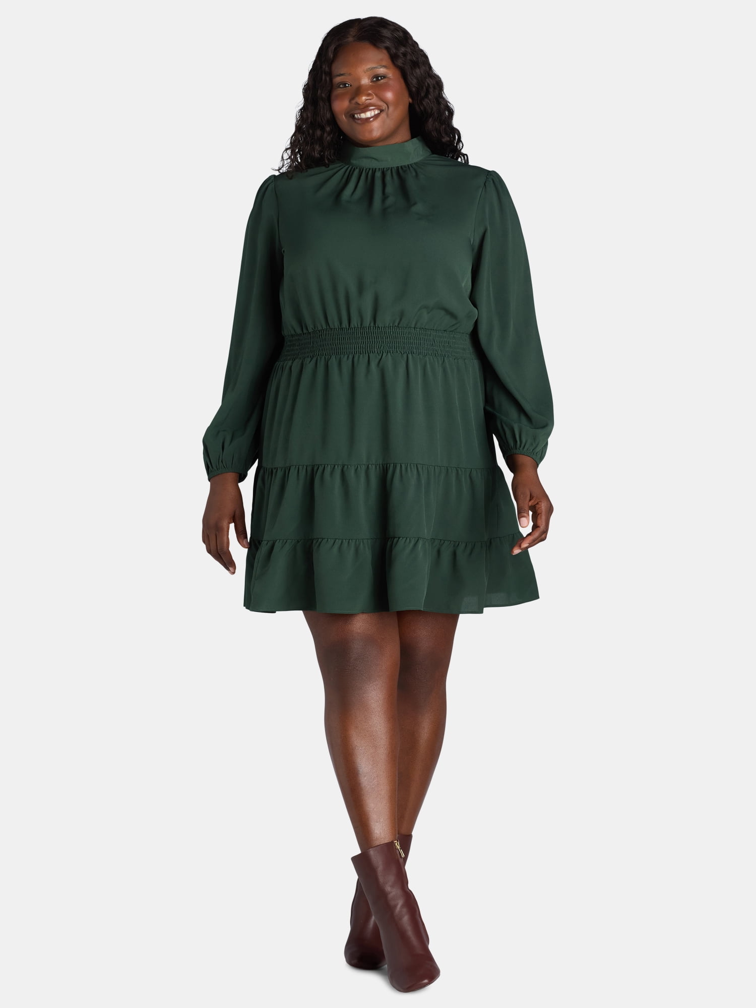 Nine.Eight Women's and Women's Plus Mock Neck Mini Dress with Long ...