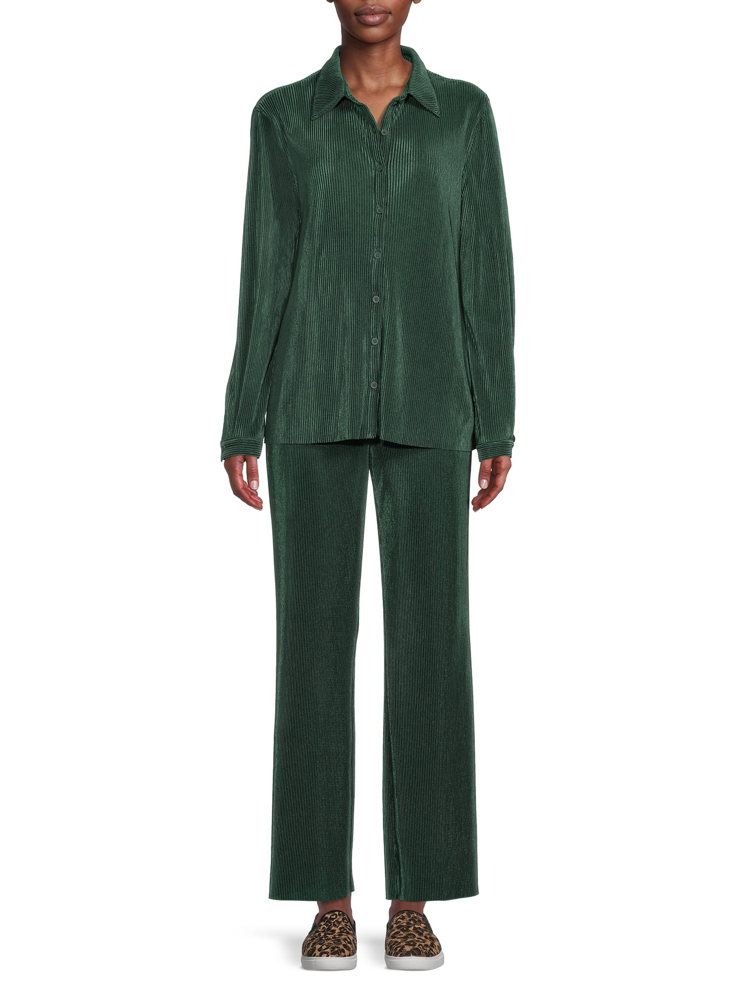 Nine.Eight Women's and Women's Plus Plisse Pleat Shirt and Pants Set, 2 ...