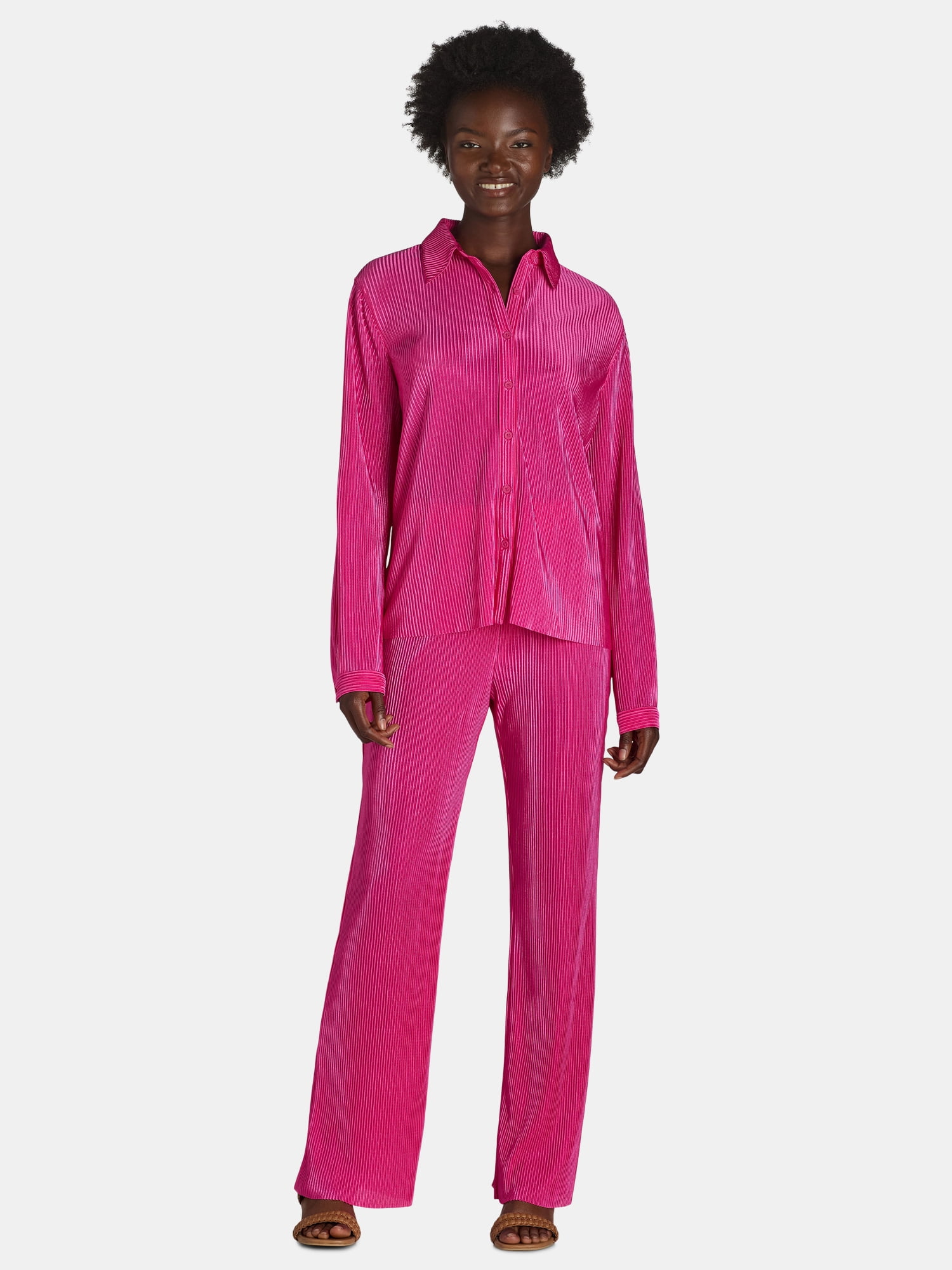Nine.Eight Women's and Women's Plus Plisse Pleat Shirt and Pants Set, 2 ...