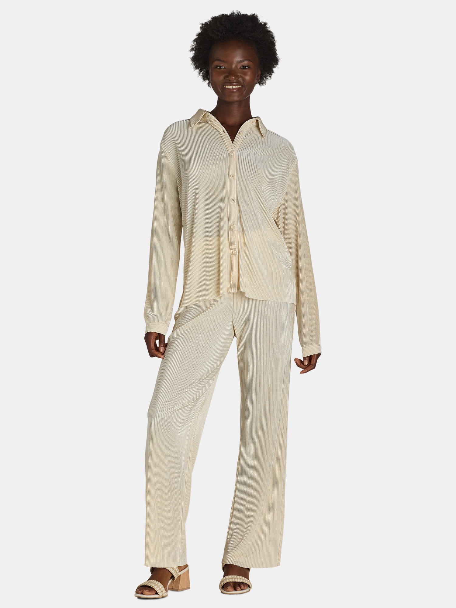 Nine.Eight Women's and Women's Plus Plisse Pleat Shirt and Pants Set, 2 ...