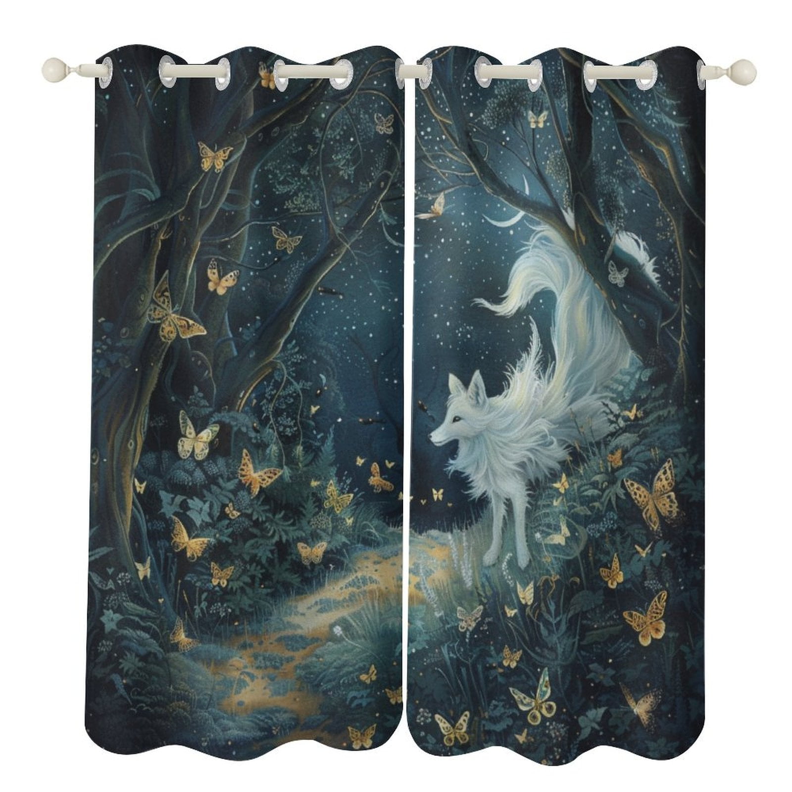 Nine Tailed Fox Chasing Butterfly 2 Panel Curtain Set, Watercolor ...