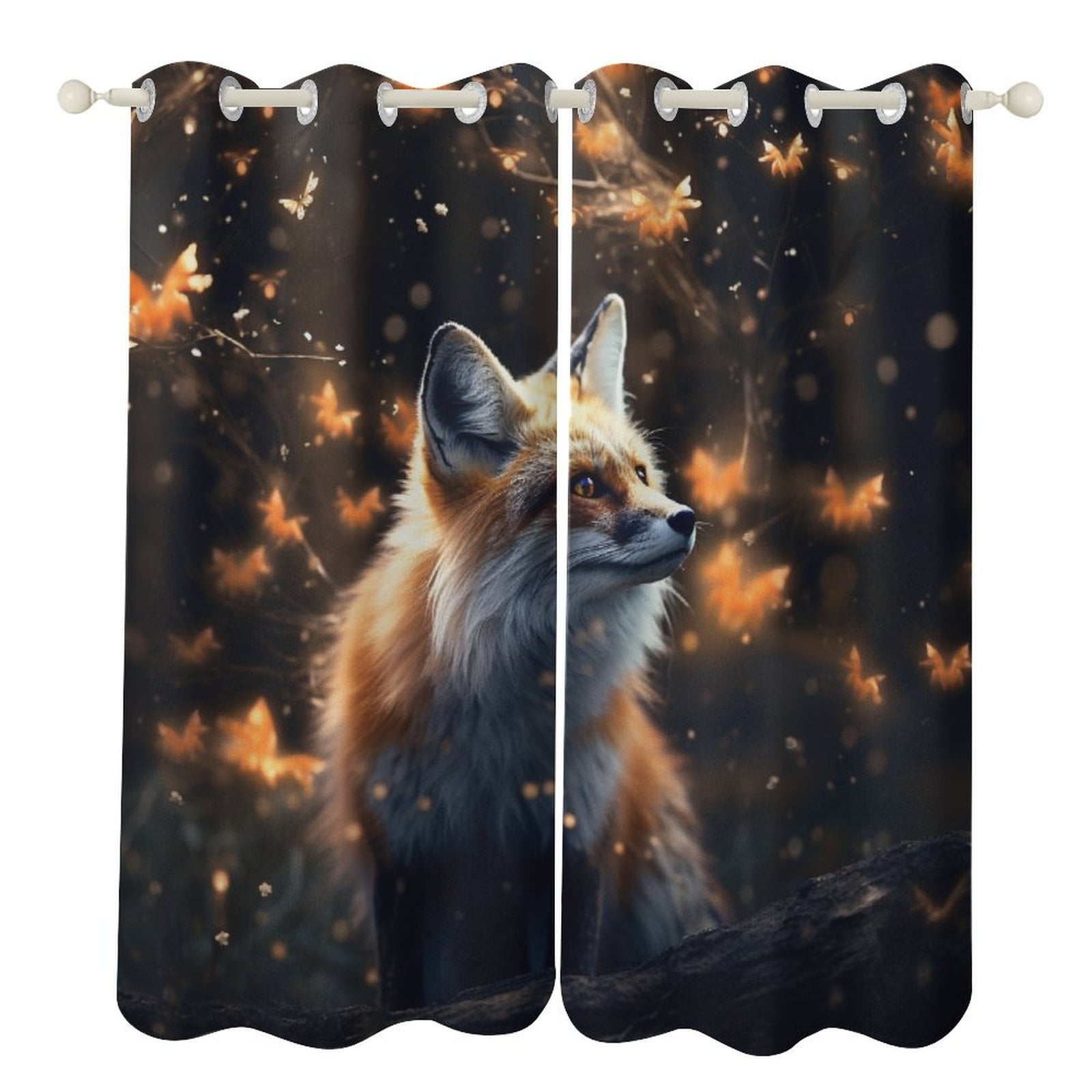 Nine Tailed Fox Chasing Butterfly 2 Panel Curtain Set, Watercolor ...